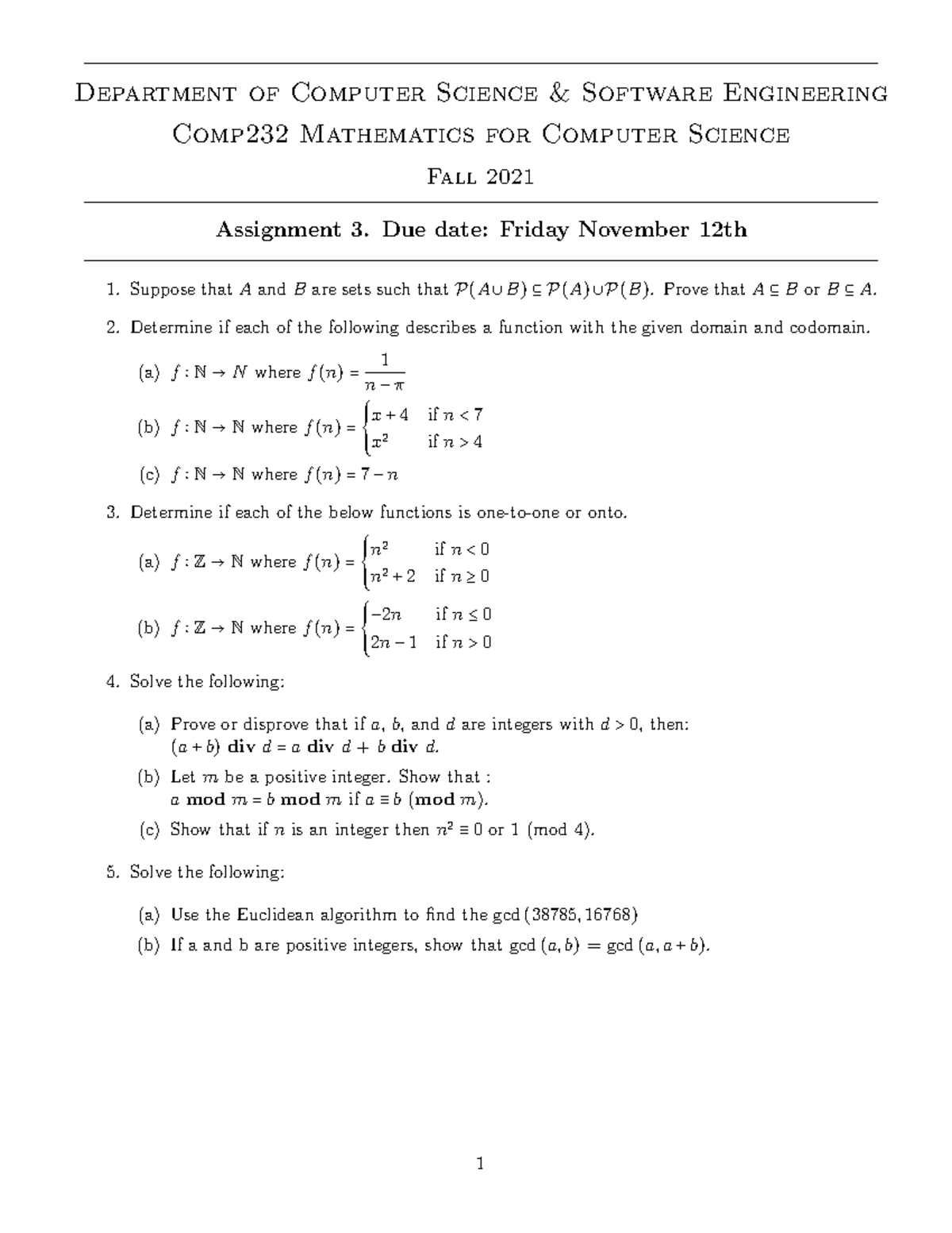 Comp 232 Mathematics For Computer Science Assignment 3 Fall 2021 Department Of Computer