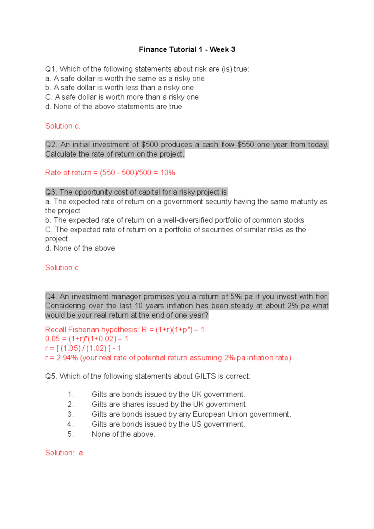 Finance Tutorial 1 - Week 3 reduced set - solutions - Finance Tutorial ...