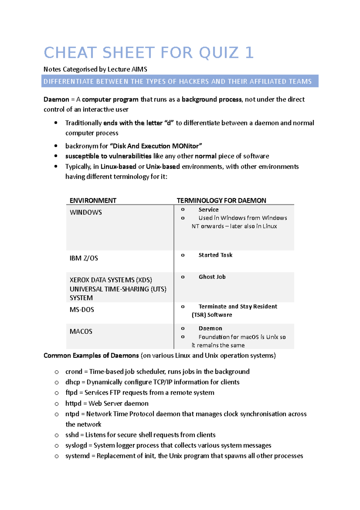 Quiz notes for tutorial 2 - CHEAT SHEET FOR QUIZ 1 Notes Categorised by ...
