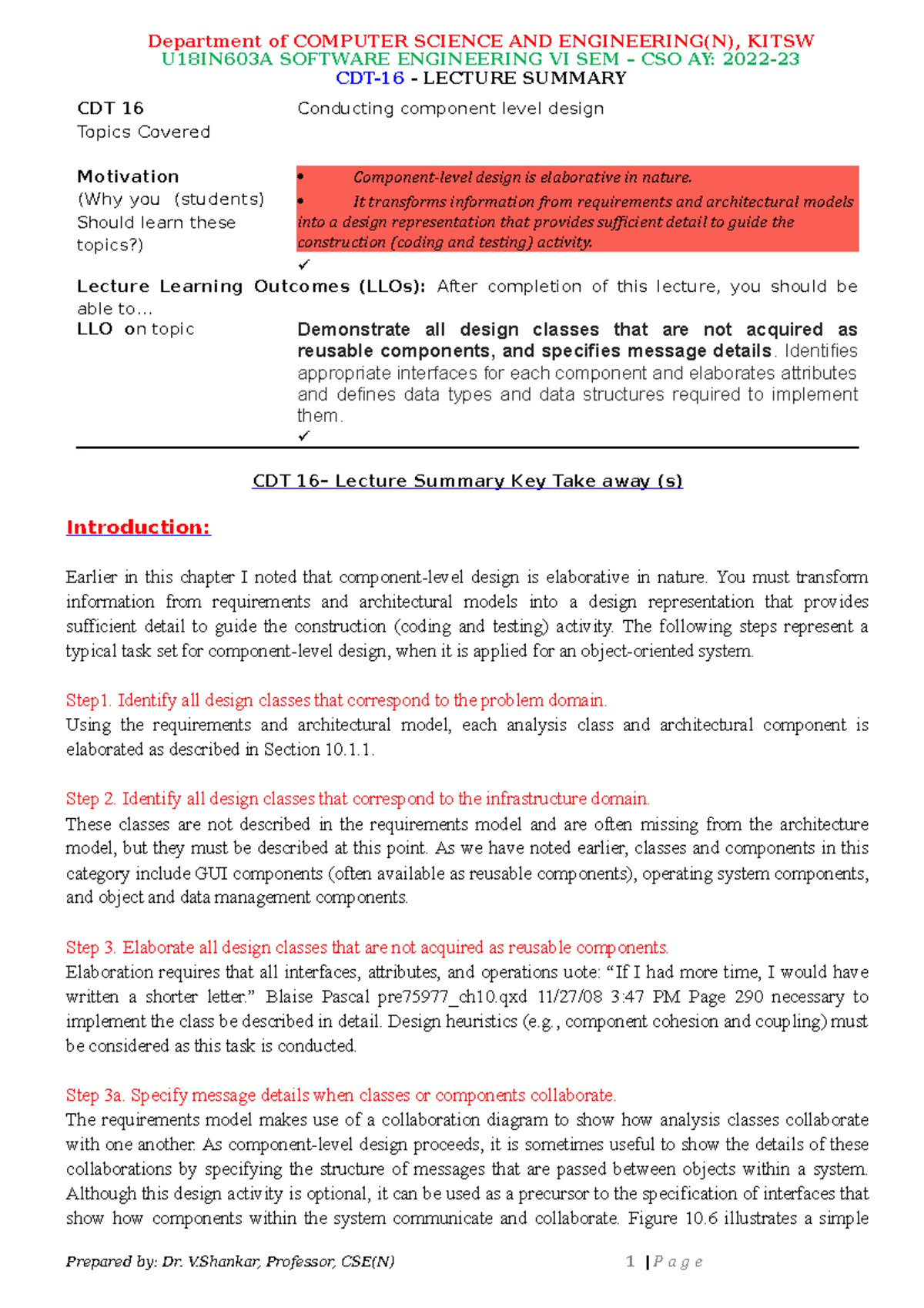 Conducting Component Level Design - U18IN603A SOFTWARE ENGINEERING VI SEM – CSO AY: 2022- CDT-16 ...