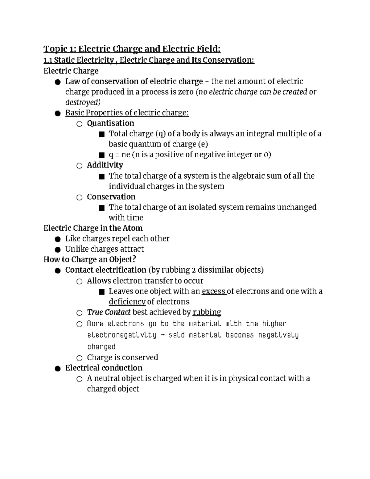 Topic 1 Electric Charge and Electric Field - Studocu