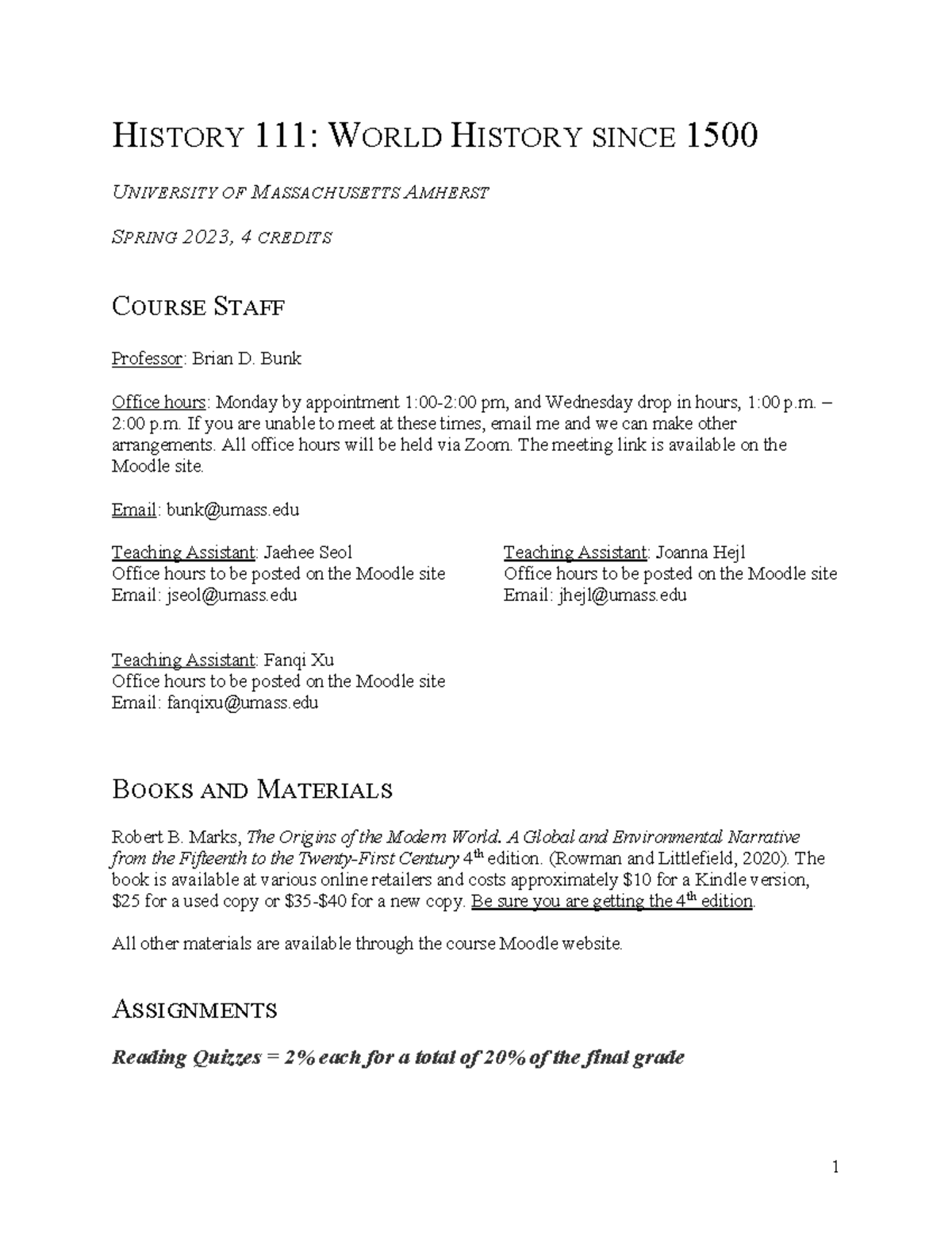 Hist111S2023 - Syllabus - 1 HISTORY 111: WORLD HISTORY SINCE 1500 ...