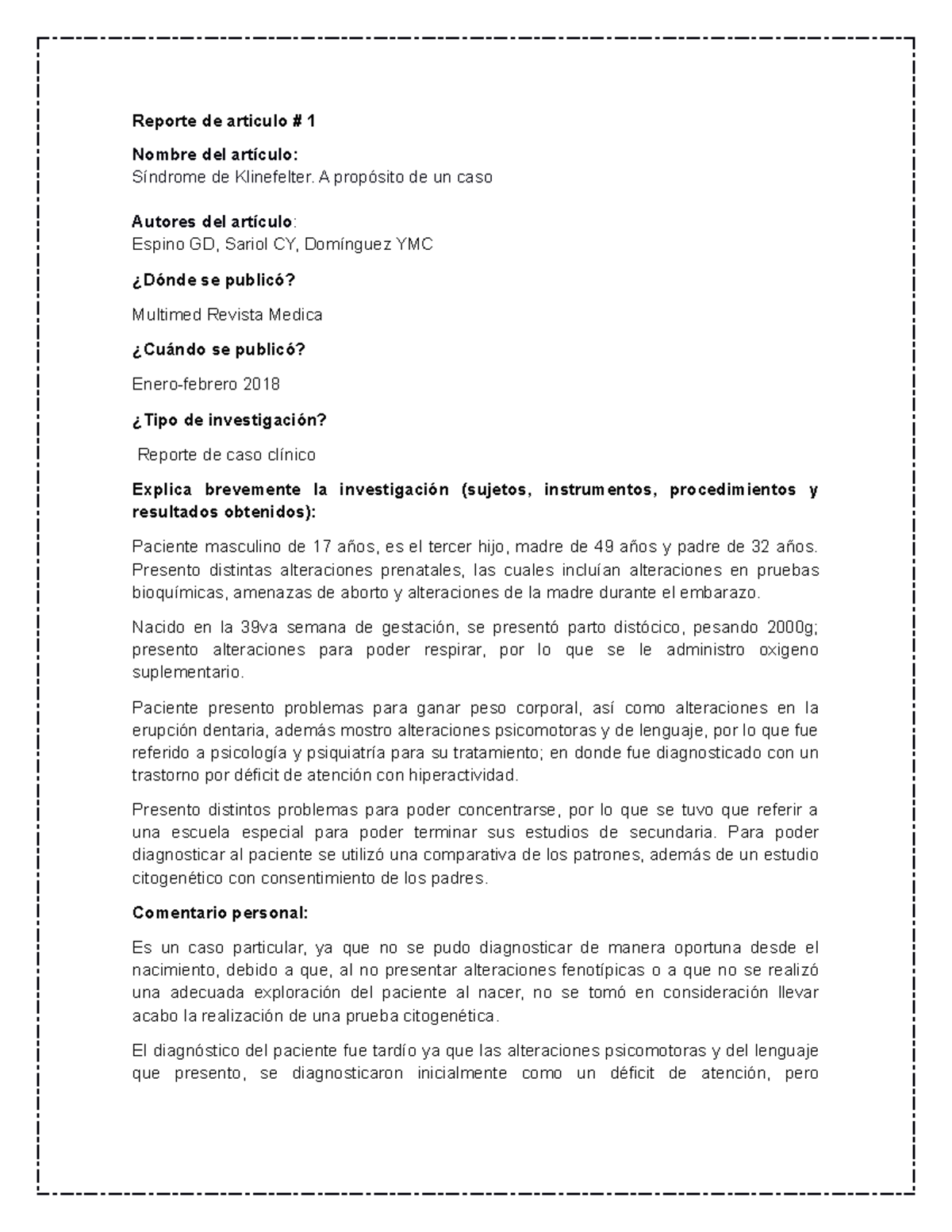 Reportes de articulos - A propósito de un caso Autores del artículo ...