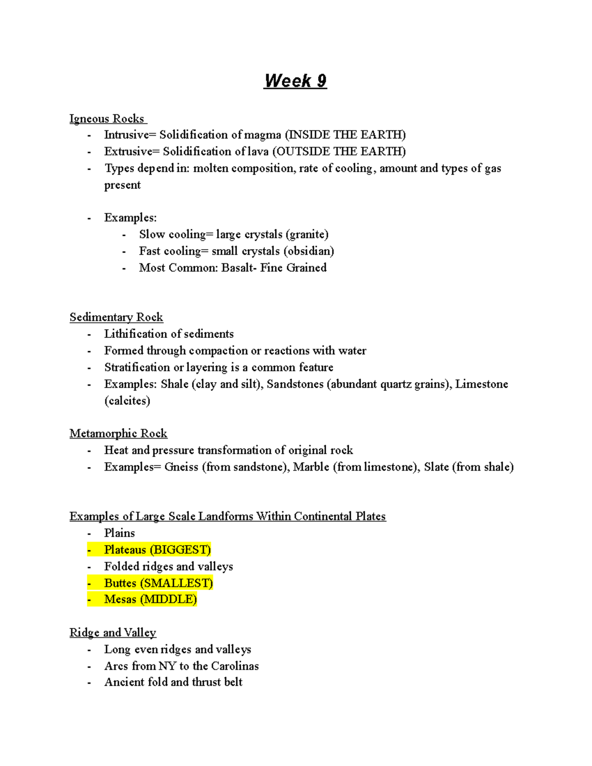 Week 9- igneous rock, sedimentary rock, metamorphic rock, large scale ...