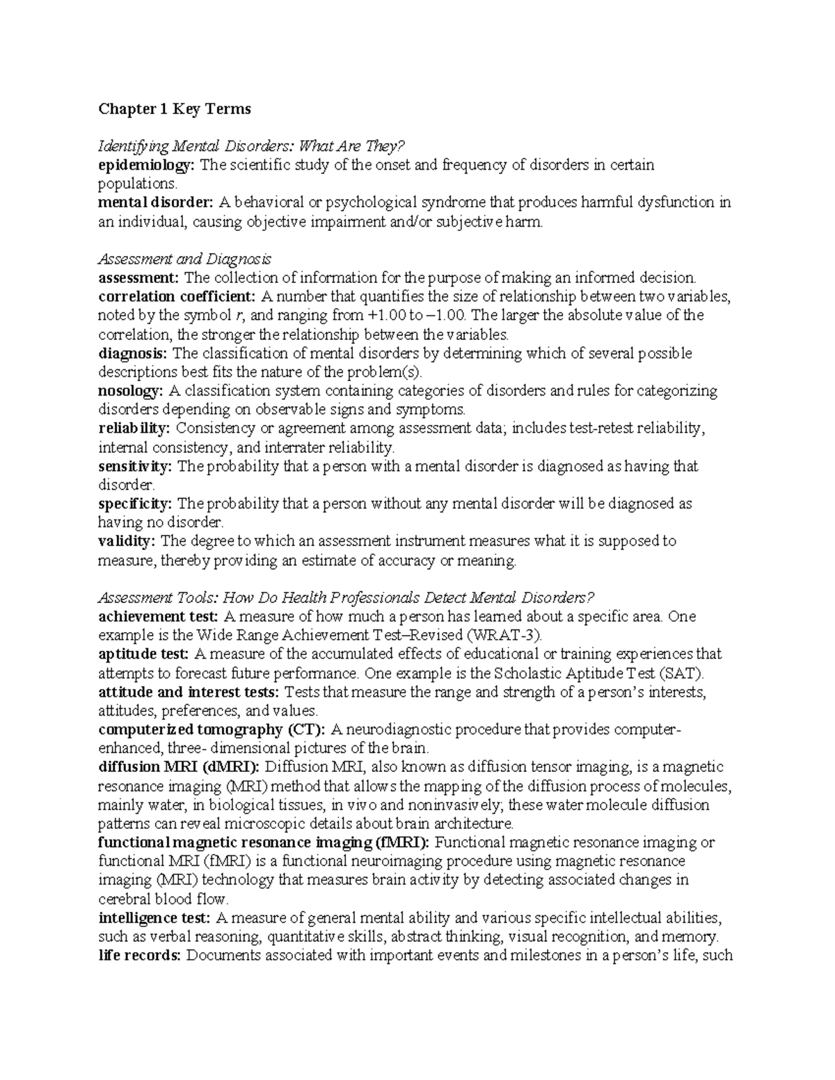 Chapter 1 key terms - xxxx - Chapter 1 Key Terms Identifying Mental ...