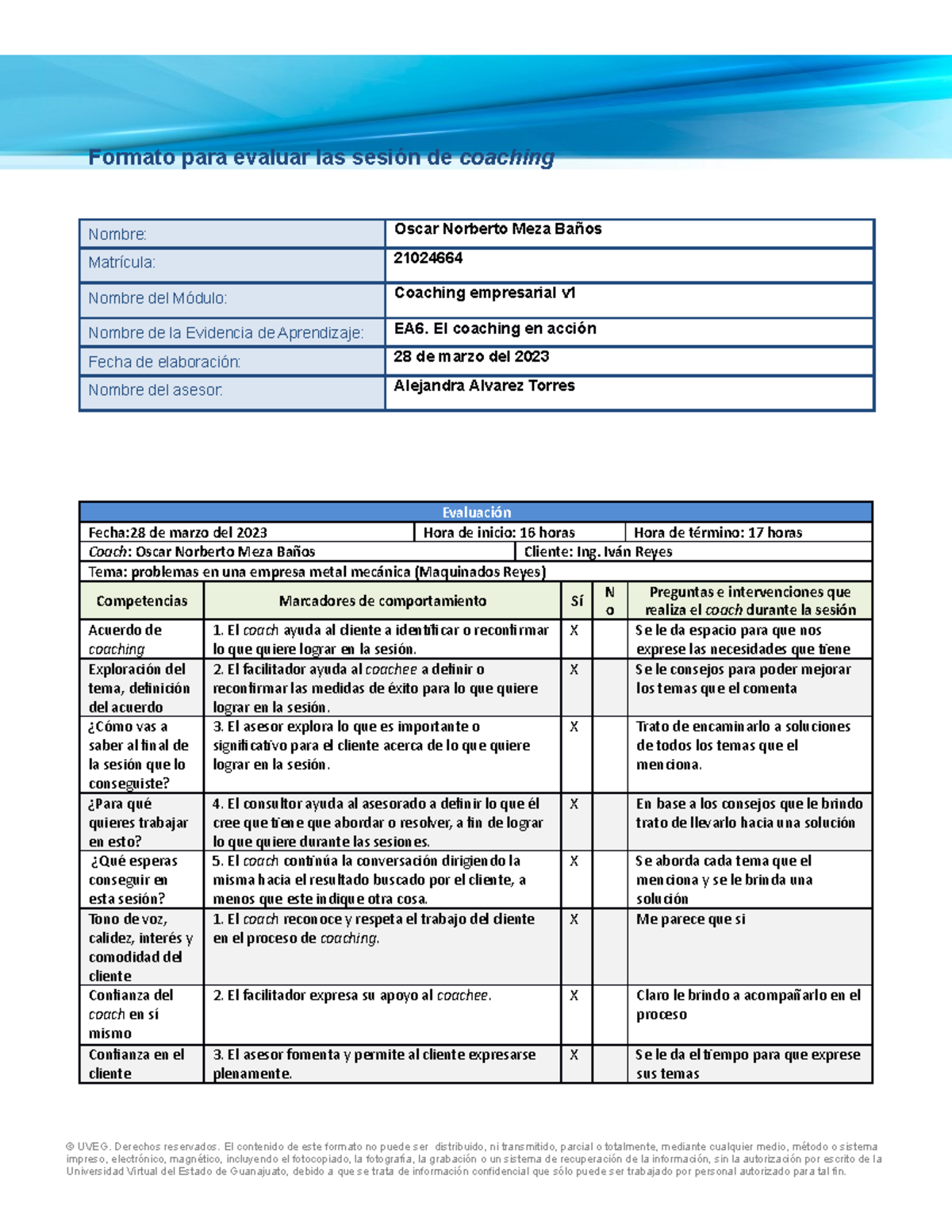 CE EA6 formato v1 Autoevaluación sesión coaching - Formato para evaluar ...