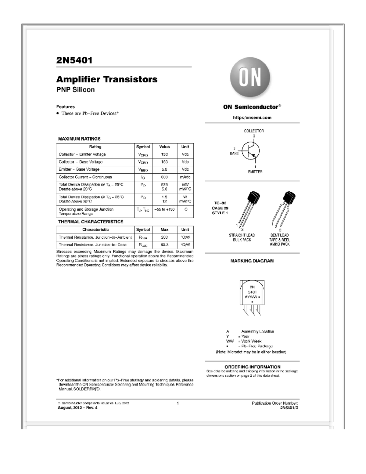 2N5401 datasheet - abcd - 2N5401 Amplifier Transistors ON PNP Silicon ...