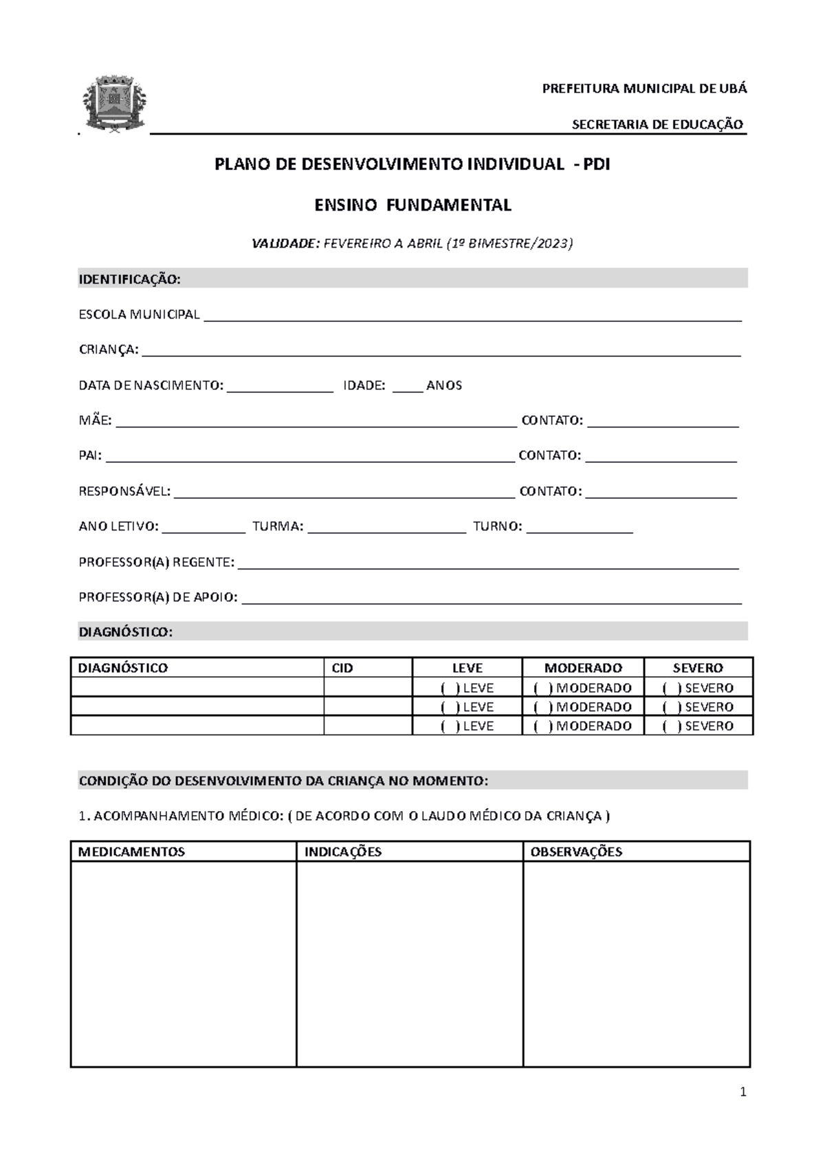 1- PDI PARA Preencher 2023 Bimestral - PREFEITURA MUNICIPAL DE UBÁ ...