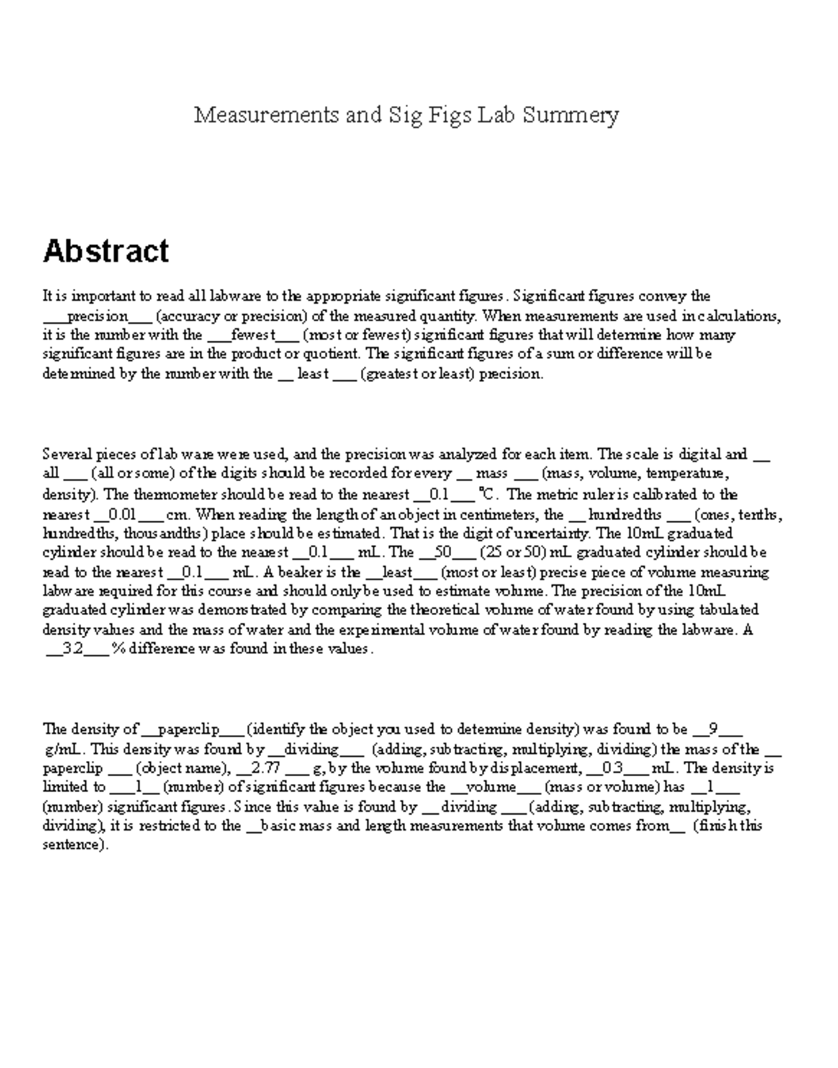 Lab Summary - Measurements & Sig Figs - Measurements and Significant ...