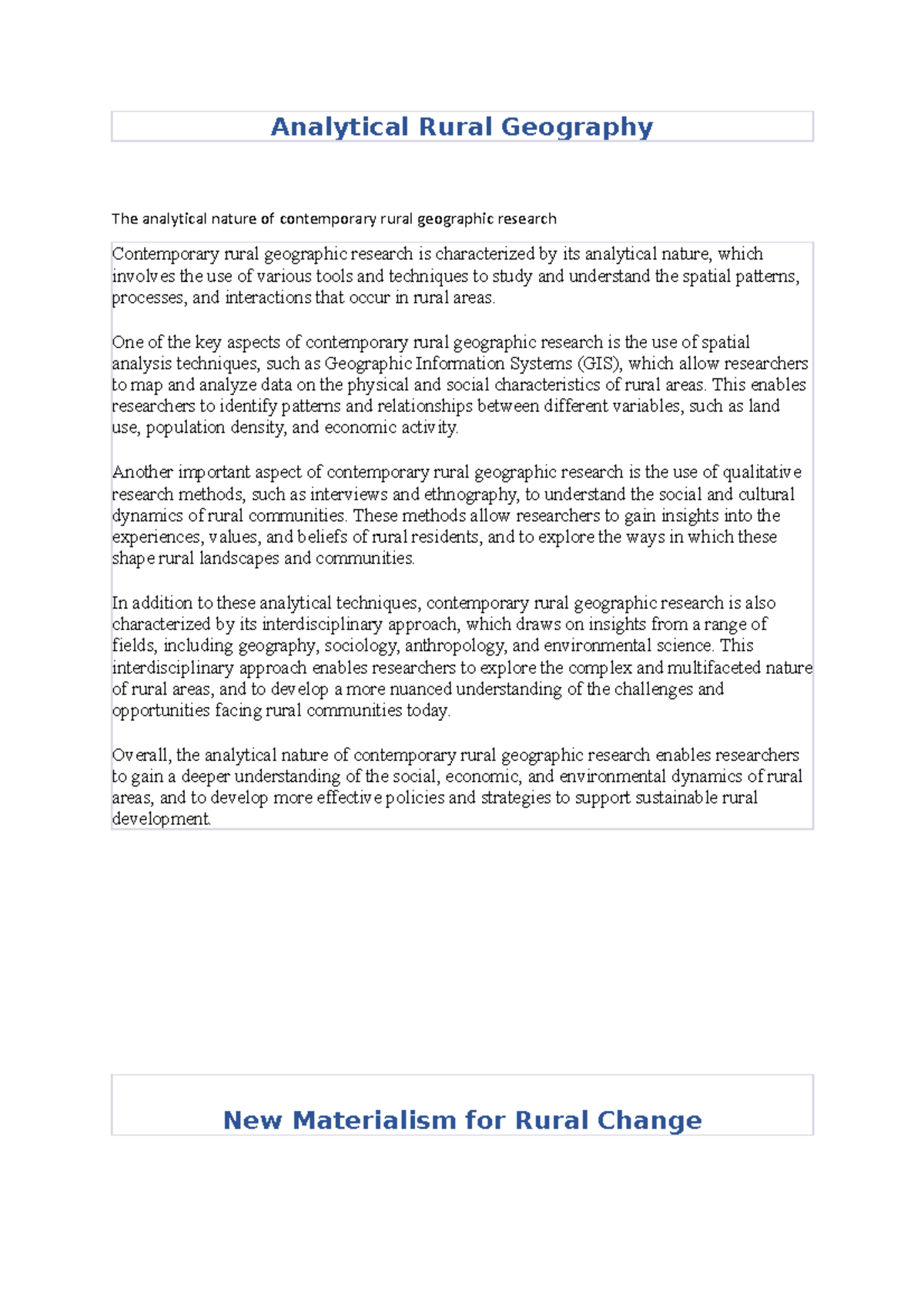 Analytical Rural Geography - Nmc347H1 - U of T - Studocu