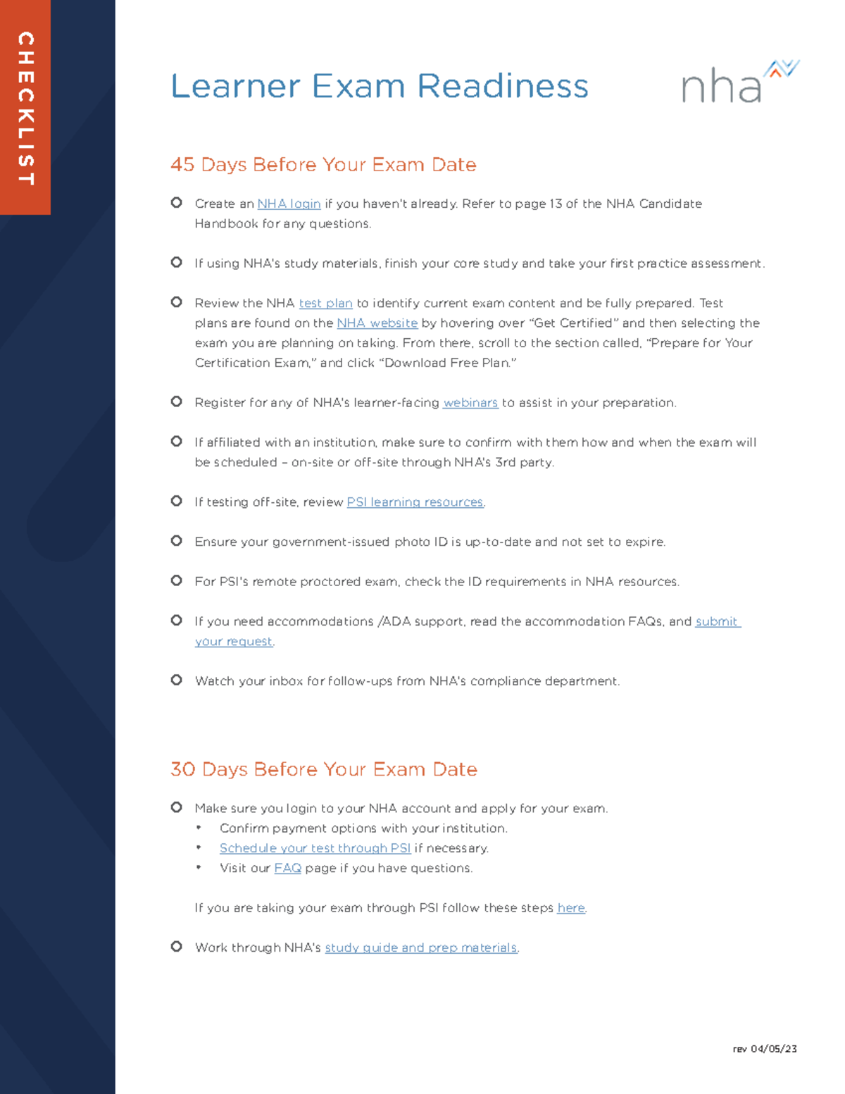 2023 - NHA - Testing Season - Learner Exam Ready Checklist - Learner ...