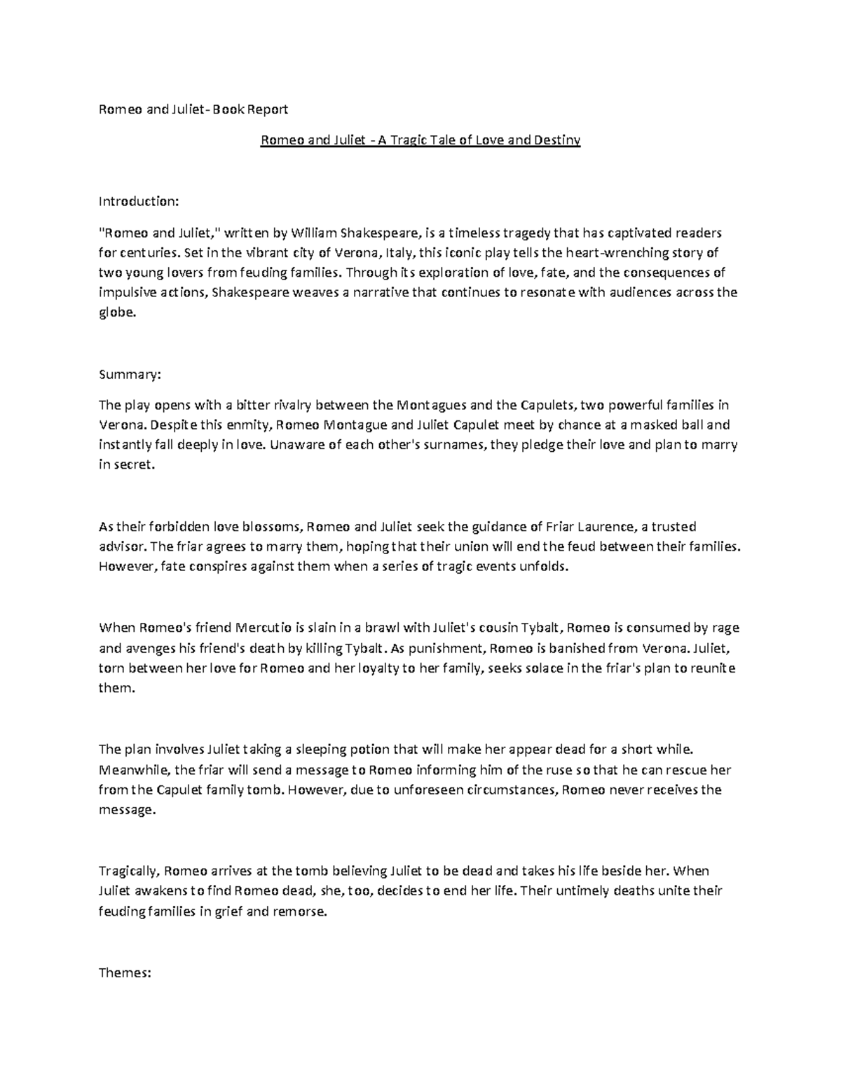 Book Report - Romeo and Juliet- Book Report Romeo and Juliet - A Tragic ...
