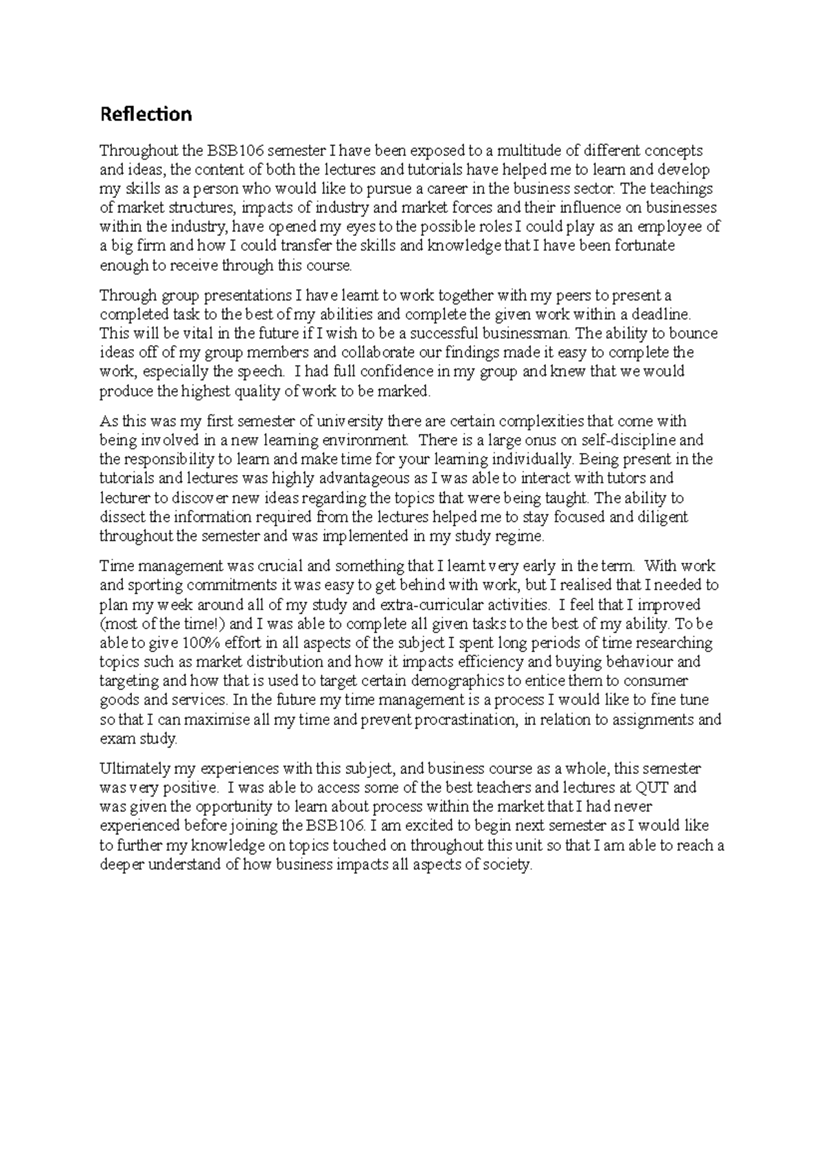 Final Reflection - work - Reflection Throughout the BSB106 semester I ...