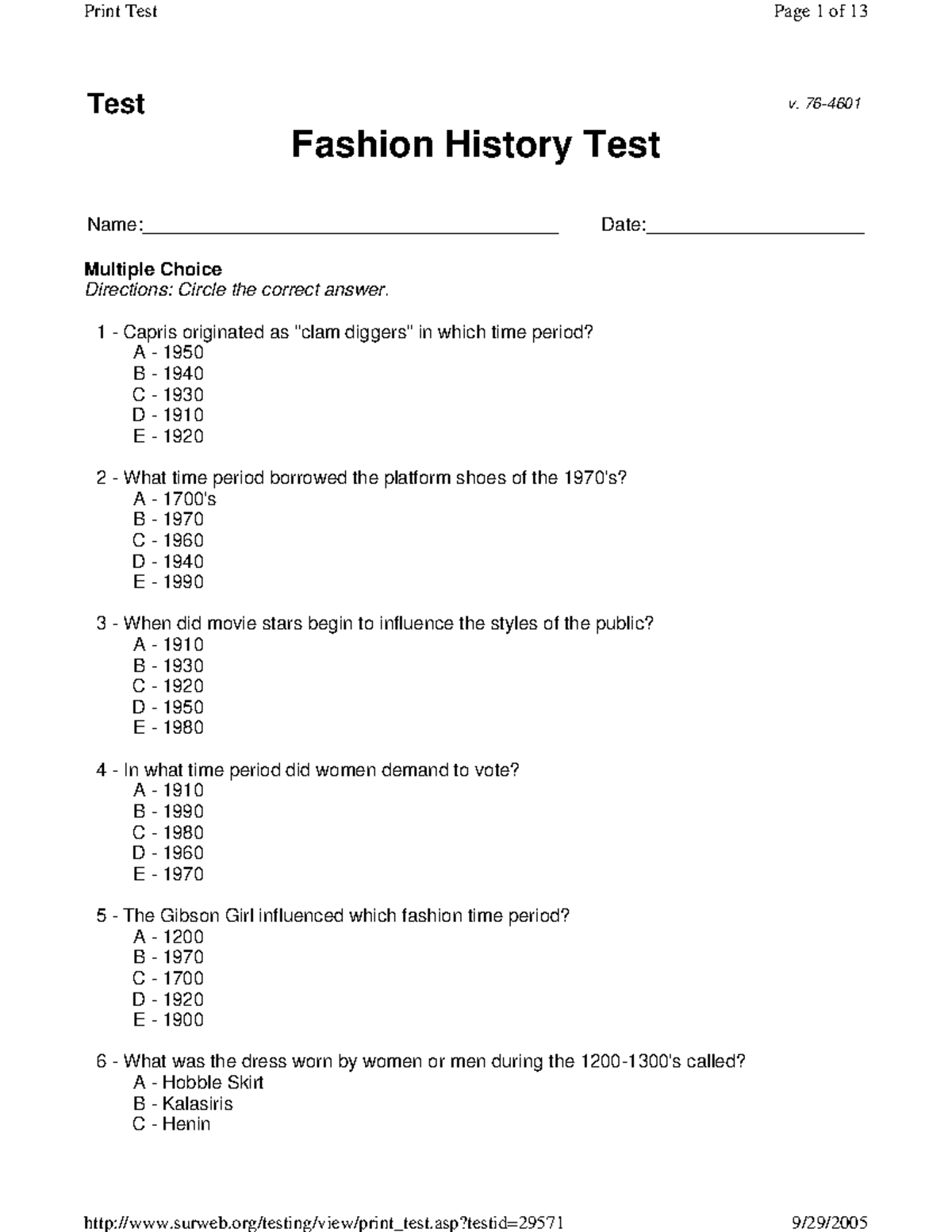Fashion history test - Multiple Choice Directions: Circle the correct ...