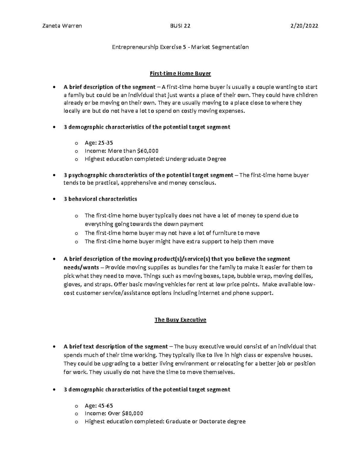 Entrepreneurship Exercise 5 - Market Segmentation - ZW - Zaneta Warren ...