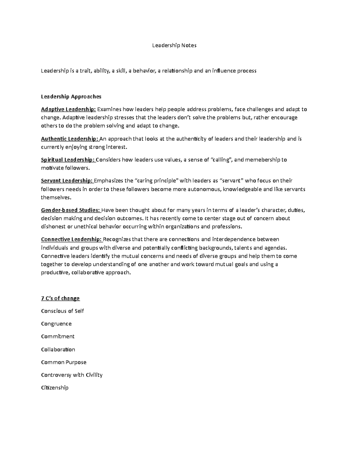 Leadership Full course notes - Leadership Notes Leadership is a trait ...