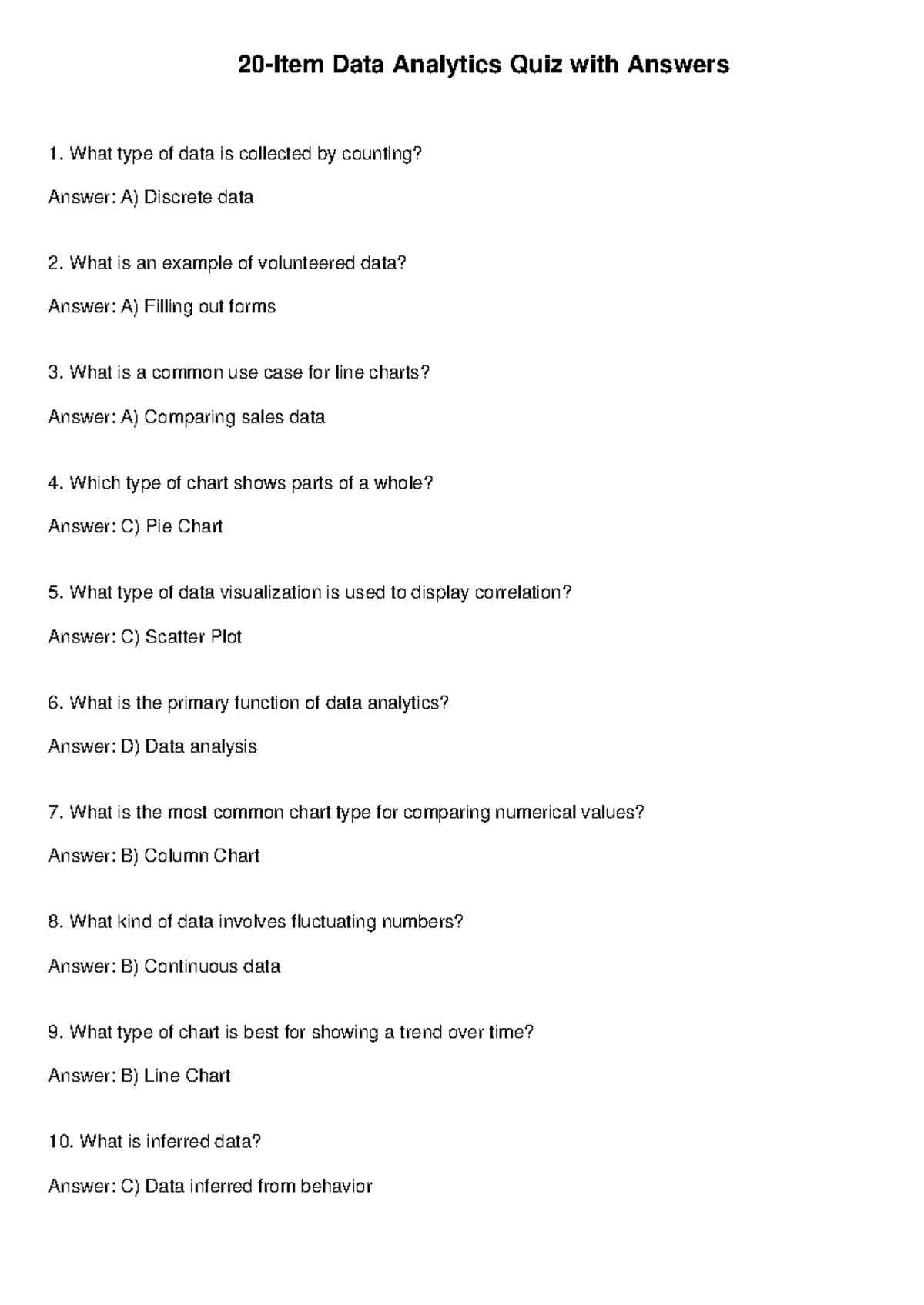 Data Analytics 20 Item Quiz with Answers - 20-Item Data Analytics Quiz ...