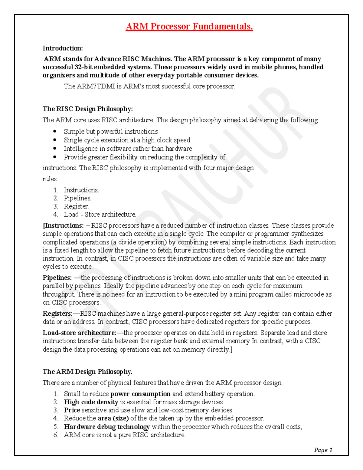 Arm Arcitecture - Page 1 ARM Processor Fundamentals. Introduction: ARM stands for Advance RISC ...