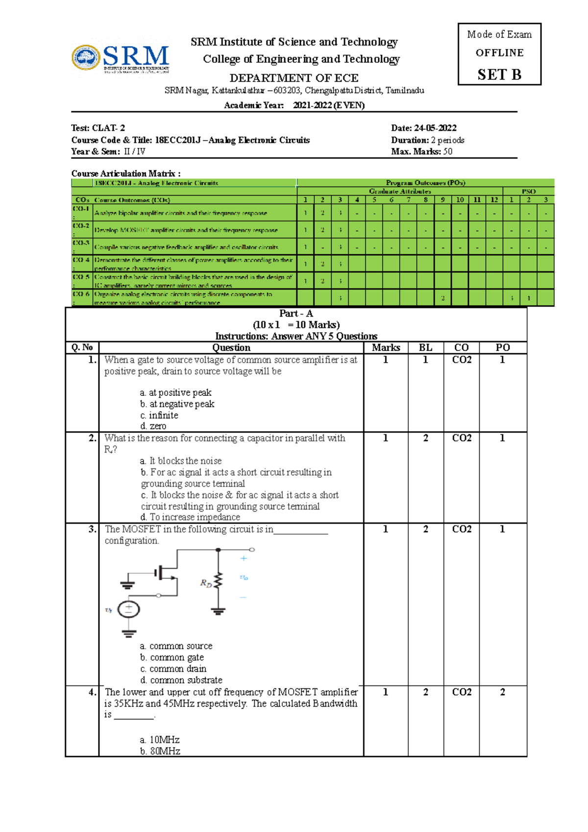 CT2 AEC 18ECE201J SET B ANS - SRM Institute of Science and Technology ...