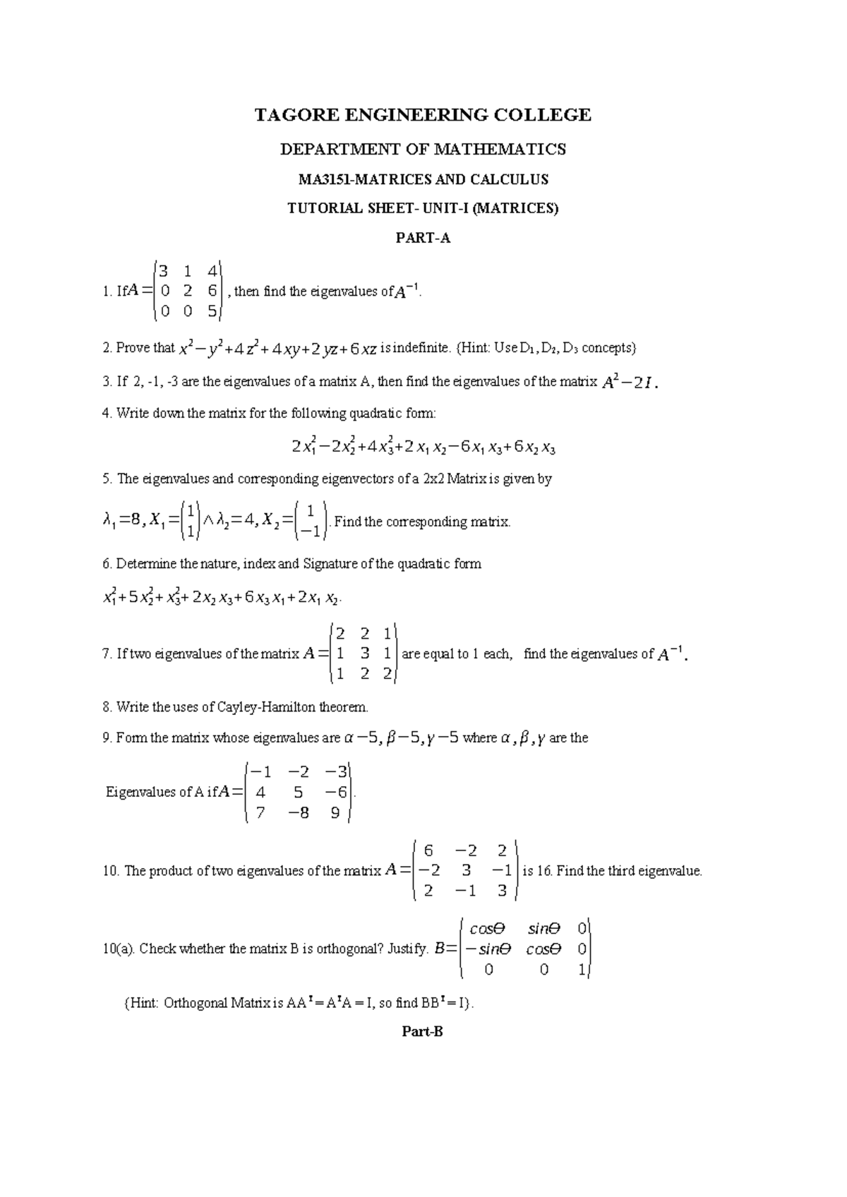 MA3151- Tutorial Sheet UNIT 1 - Matrices and Calculus Assignment-1 ...
