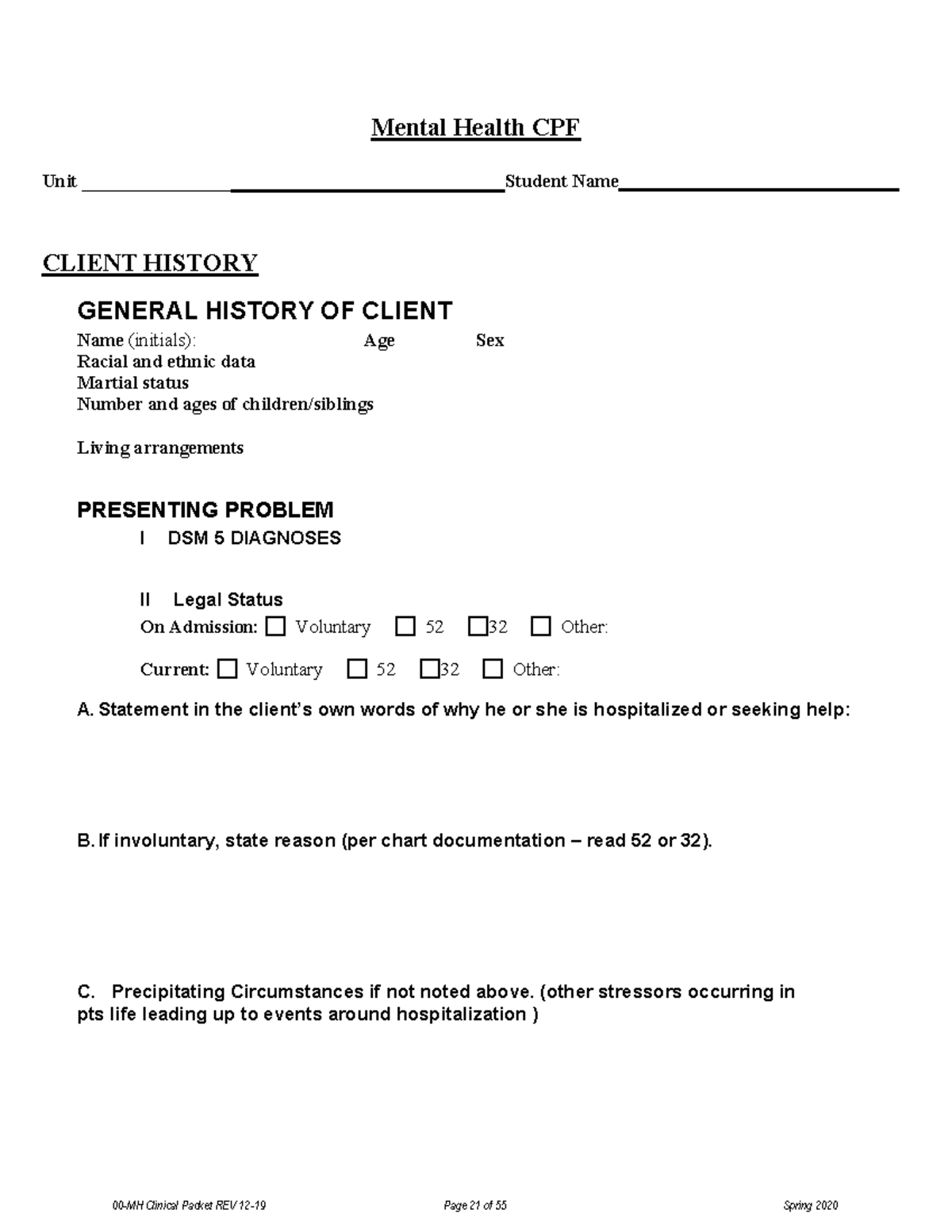 MH MSE - good - Mental Health CPF Unit ________________ Student Name