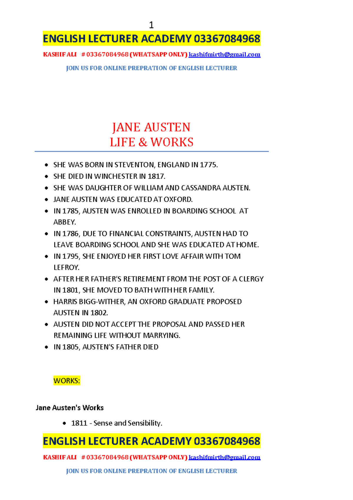 JANE Austen Notes - Kashif - ENGLISH LECTURER ACADEMY 03367084968 ...