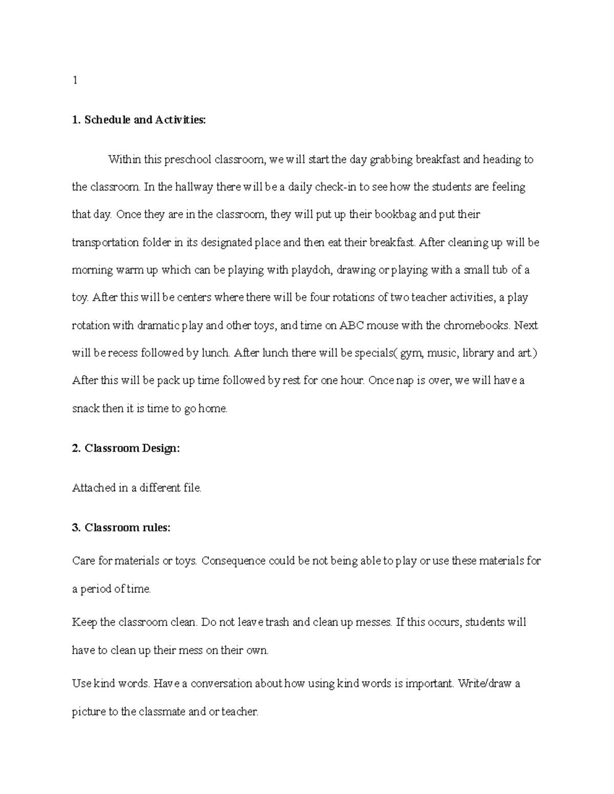 Classroom Managment Plan Paper final - 1. Schedule and Activities ...