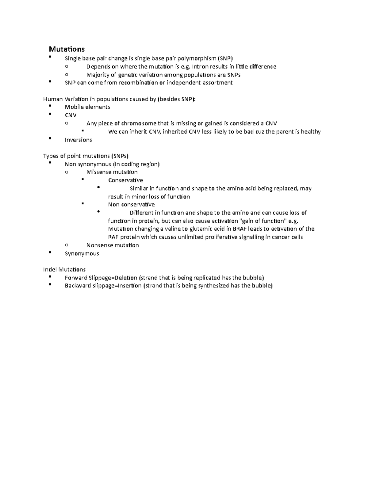 Types of Mutations - Summary Biology for Science I - Mutations Single ...