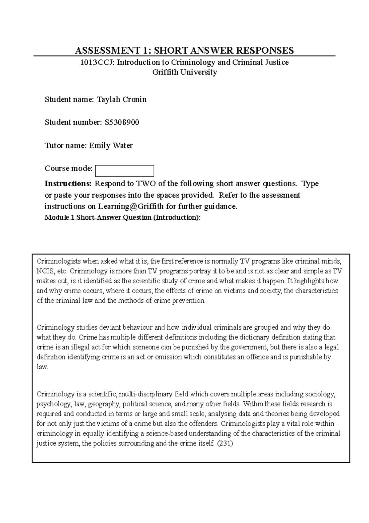 Assessment 1 - Short Answers - ASSESSMENT 1: SHORT ANSWER RESPONSES ...
