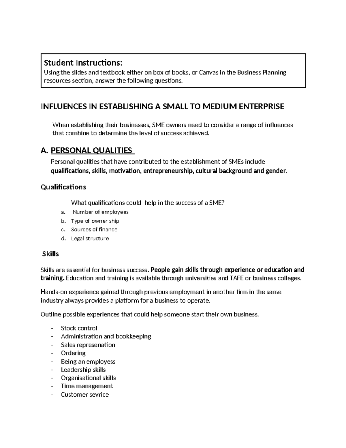 Influences in Establishing a Small to Medium Enterprise Worksheet ...