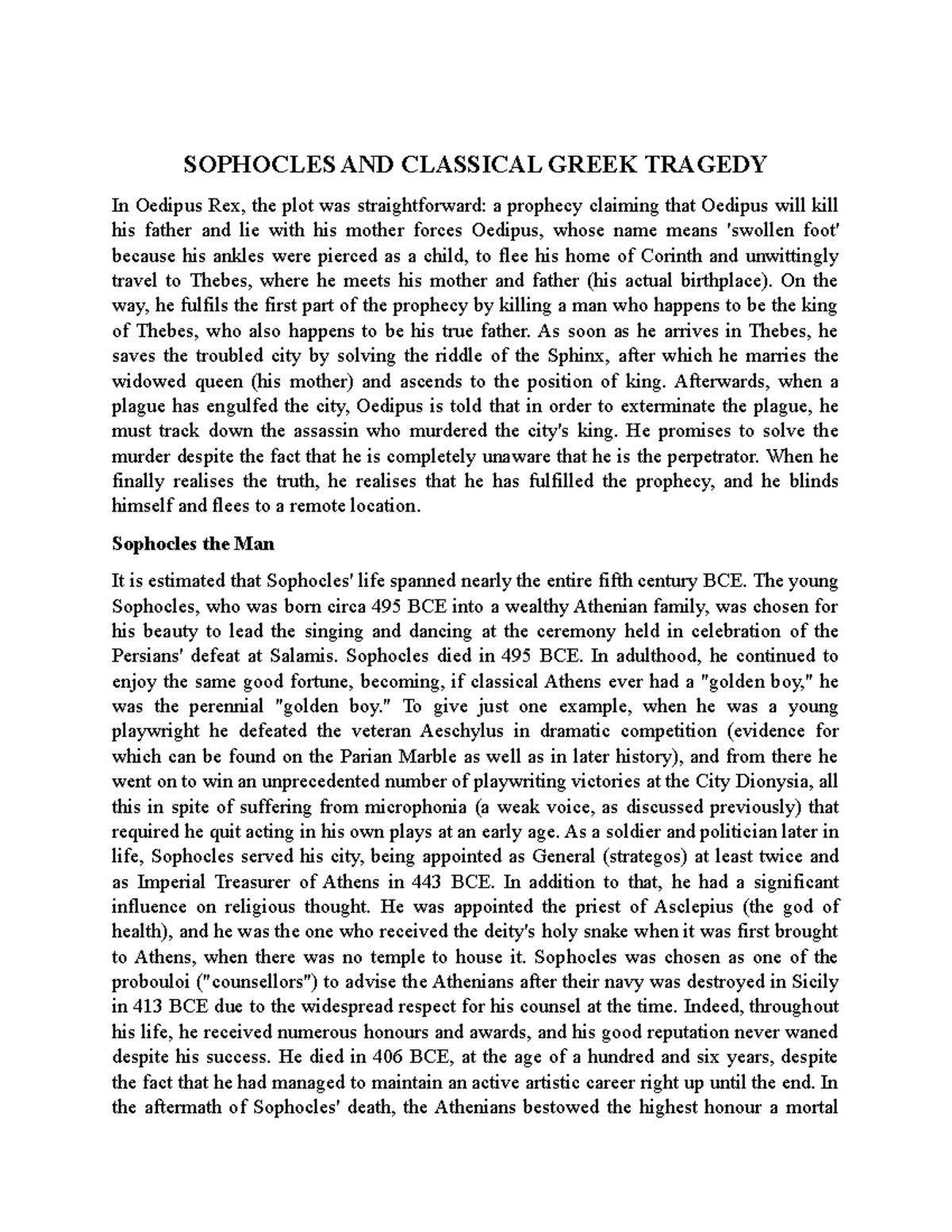 Sophocles And Classical Greek Tragedy - SOPHOCLES AND CLASSICAL GREEK ...