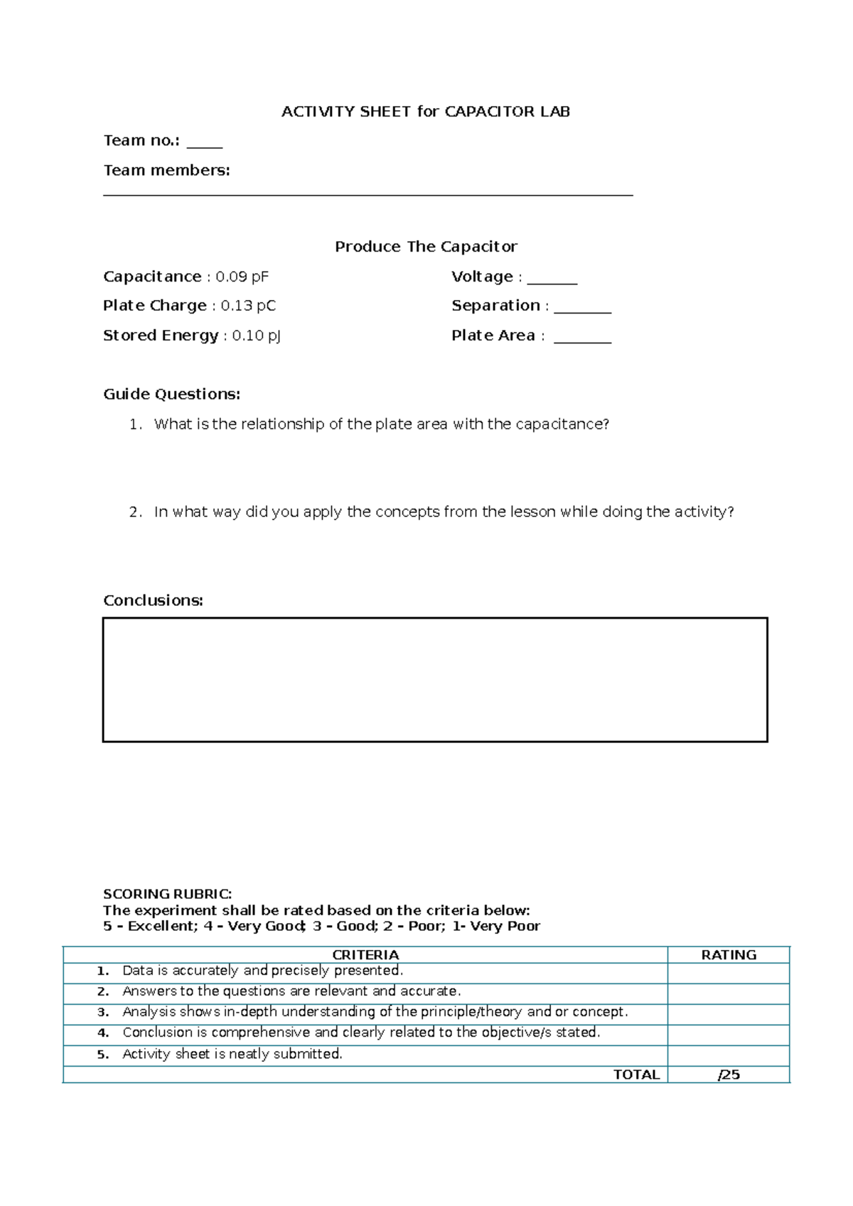 Activity Sheet for Capacitor LAB - Team no.: _____ Team members: - Studocu
