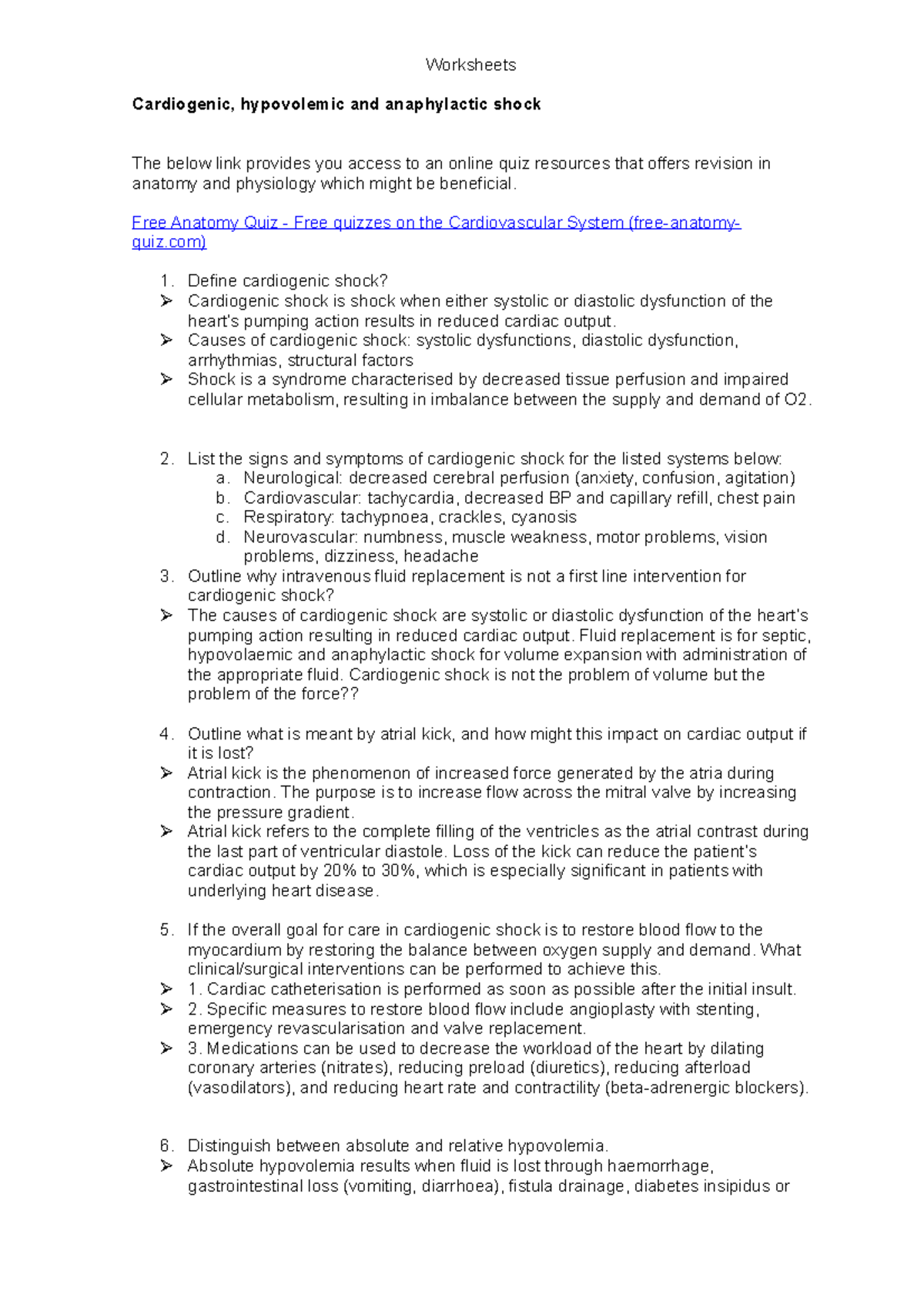 Shock states worksheet - Cardiogenic, hypovolemic and anaphylactic ...
