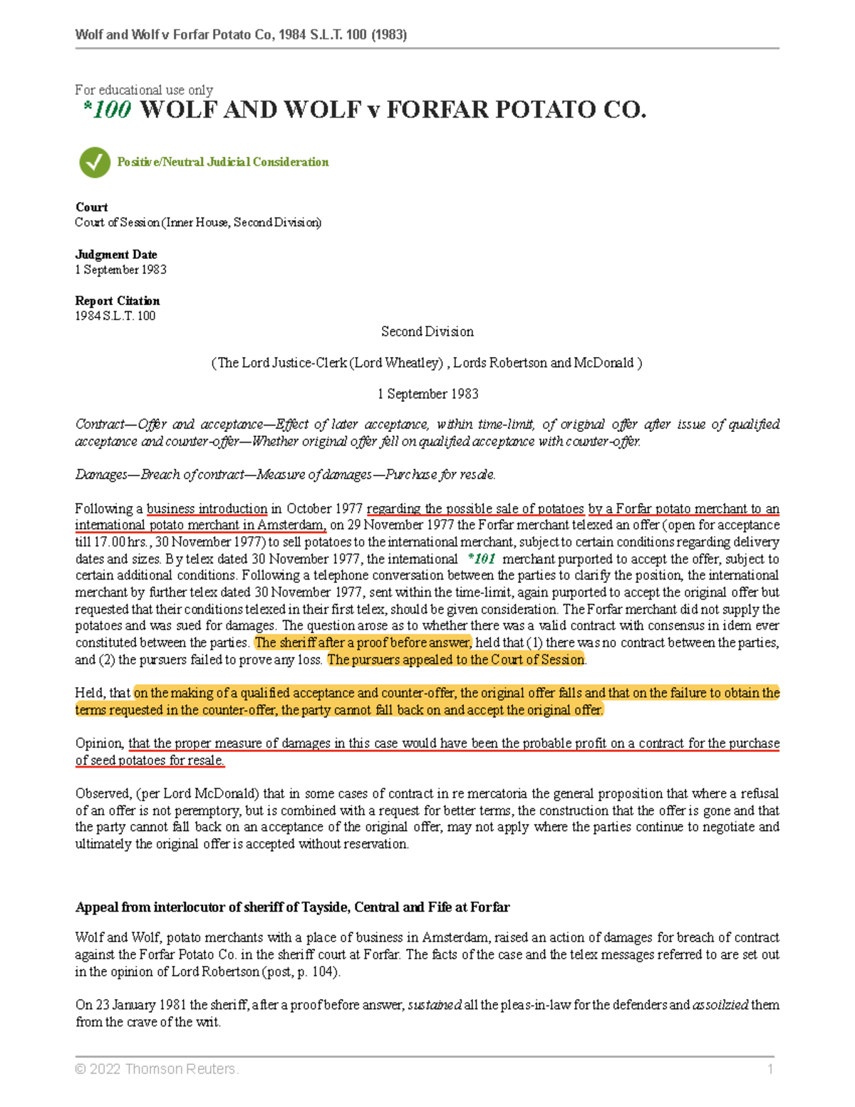 Wolf and Wolf v Forfar Potato Co - For educational use only *100 WOLF ...