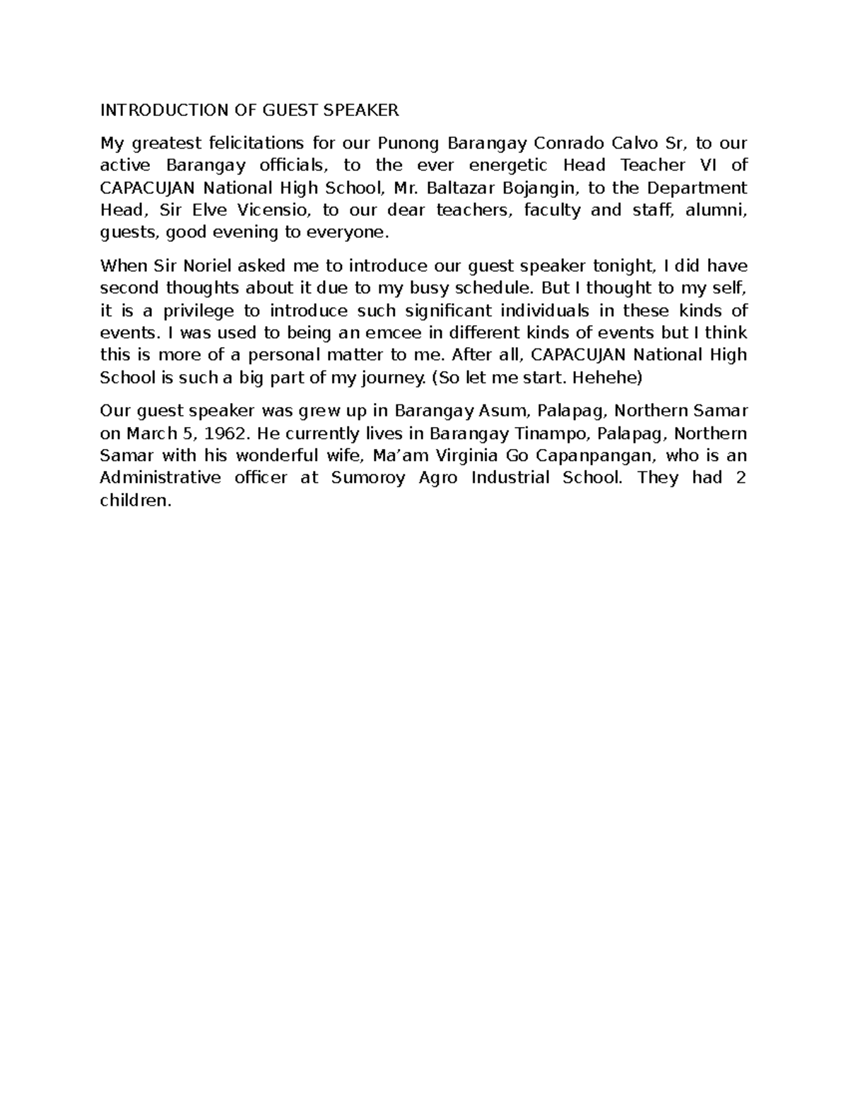 Introduction OF Guest Speaker - INTRODUCTION OF GUEST SPEAKER My ...