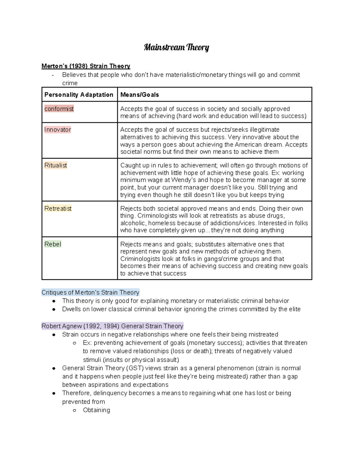 Mainstream Theory - Mainstrea eor Merton’s (1938) Strain Theory ...