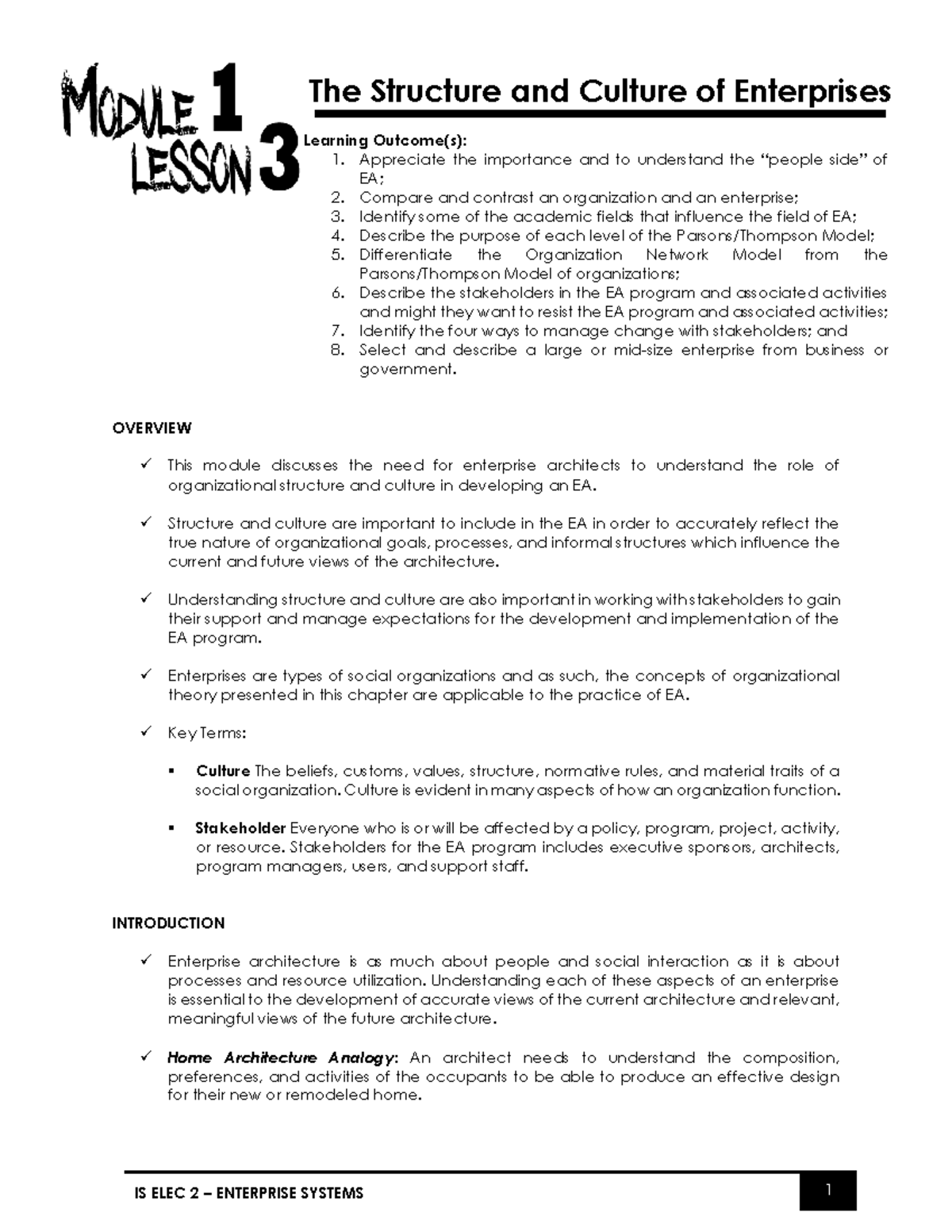 ES - Module 1 Lesson 3 - Week 5-7 - OVERVIEW This module discusses the ...
