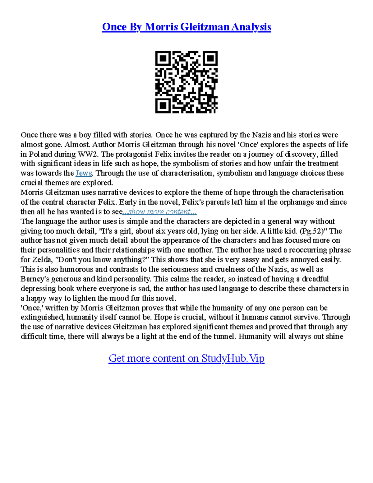 Book Essay Examples - Once By Morris Gleitzman Analysis Once there was ...