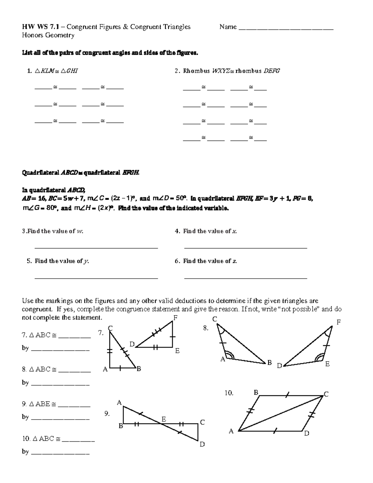 HW WS 7.1 - Congruent Triangles - HW WS 7 – Congruent Figures ...