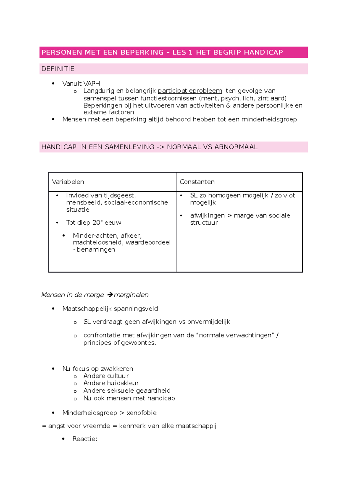 PMB samenvatting januari - PERSONEN MET EEN BEPERKING – LES 1 HET BEGRIP HANDICAP DEFINITIE ...