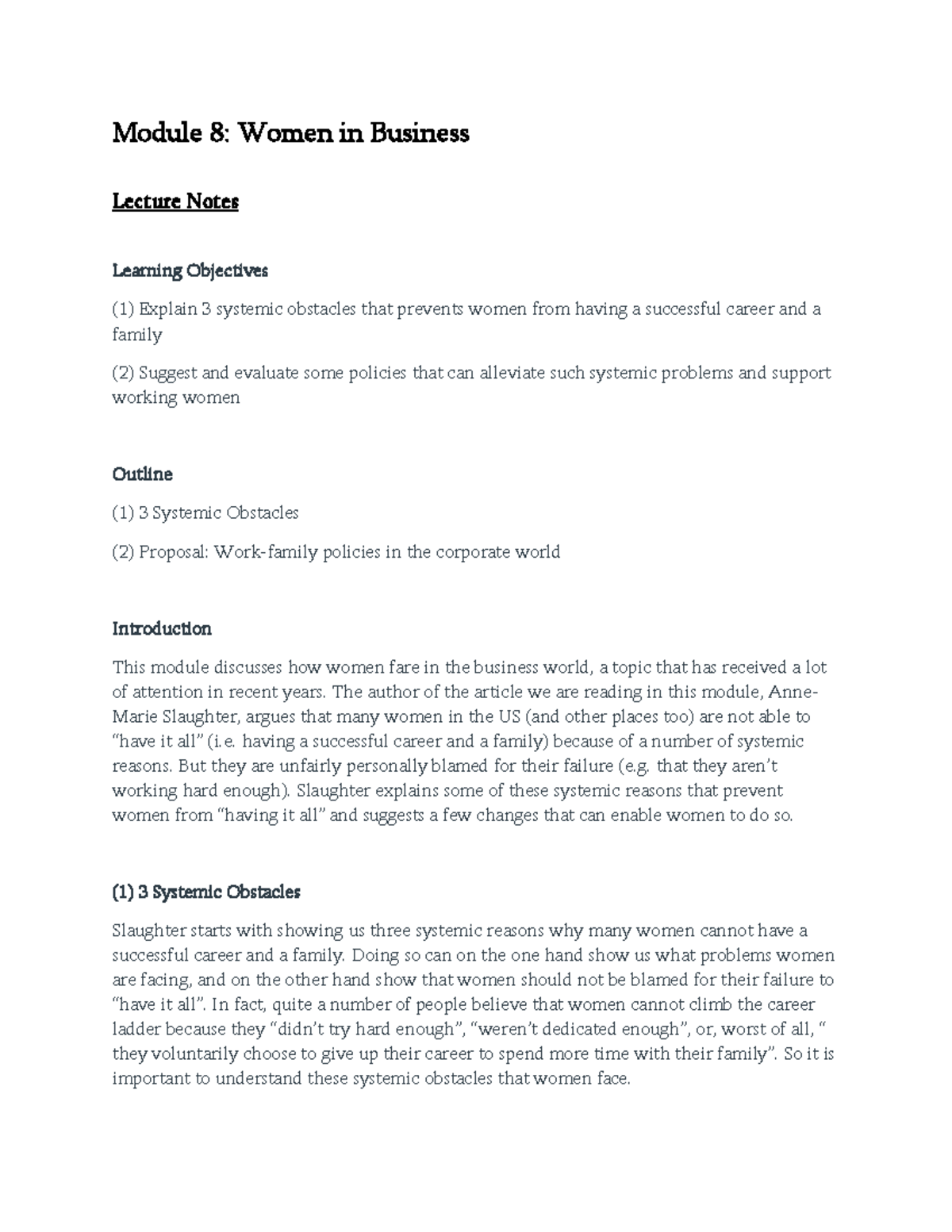 Module 8 - Module 8 : Women in Business Lecture Notes Learning ...