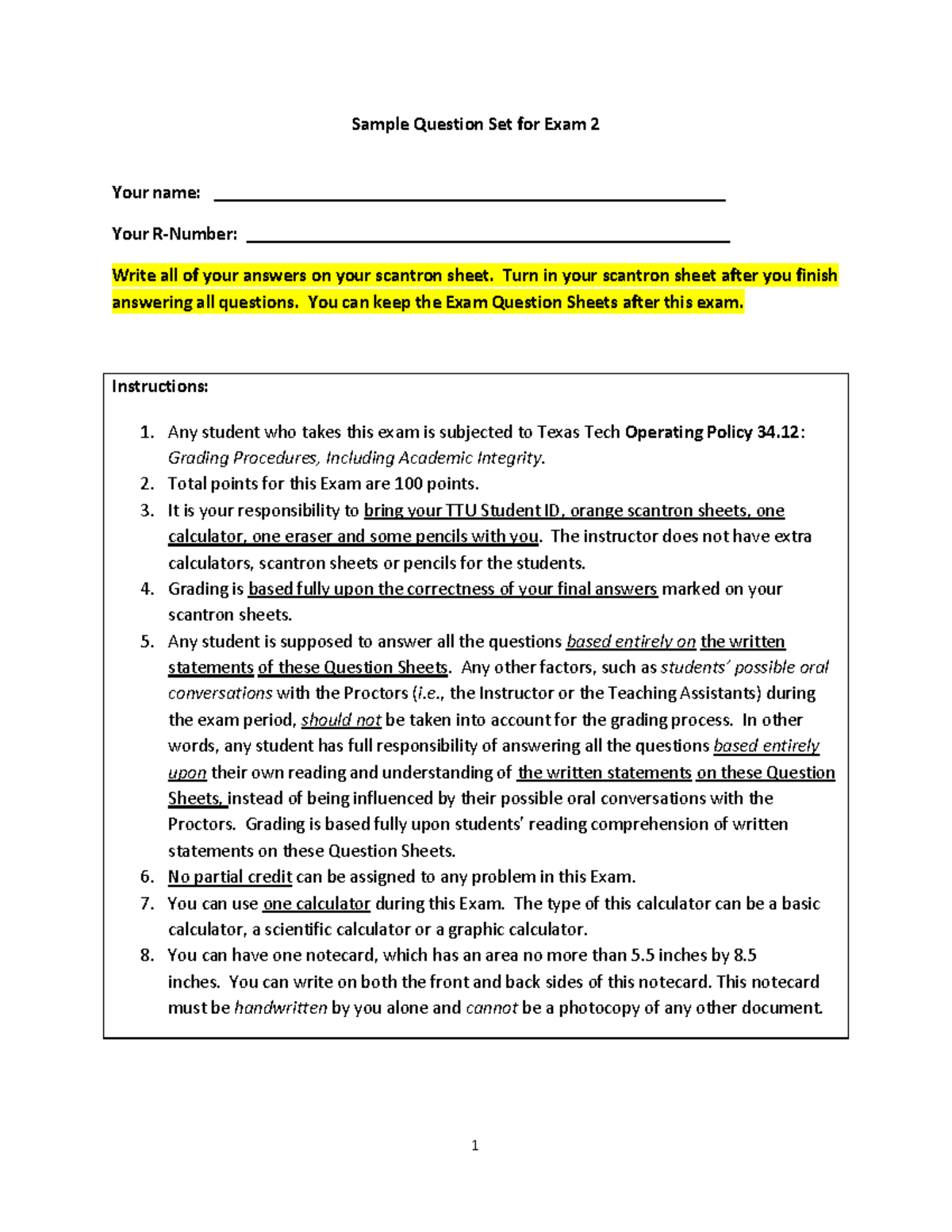 Phys 1408 ttu exam 2 example - Sample Question Set for Exam 2 Your name ...