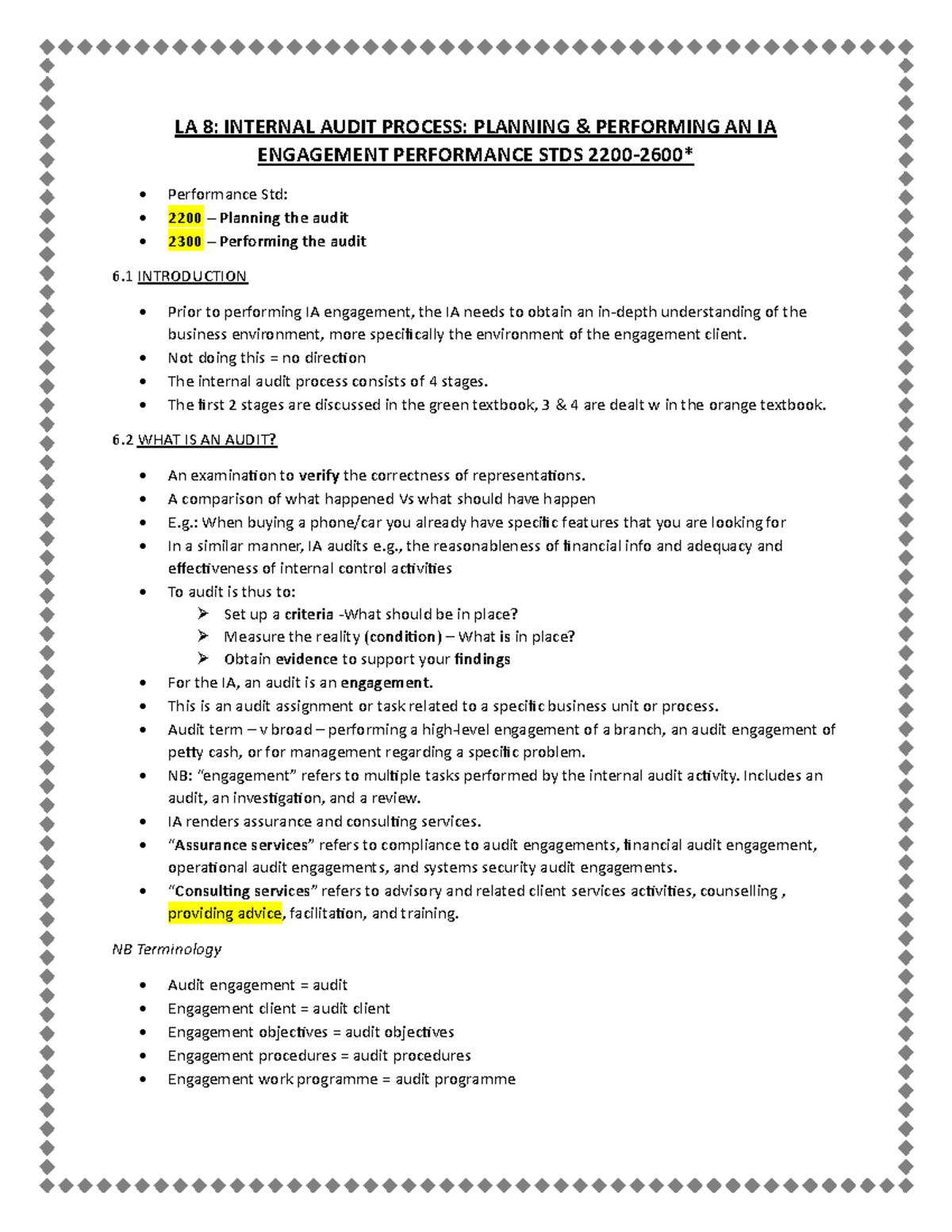 IAU 200 L.A 8 - Summary - LA 8: INTERNAL AUDIT PROCESS: PLANNING ...