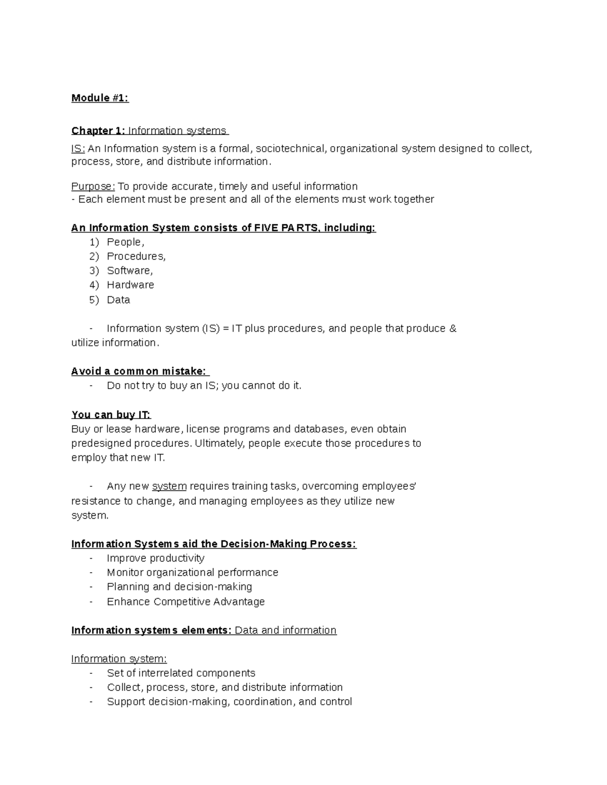 ADM1370 Final EXAM Notes - Module #1: Chapter 1: Information systems IS ...