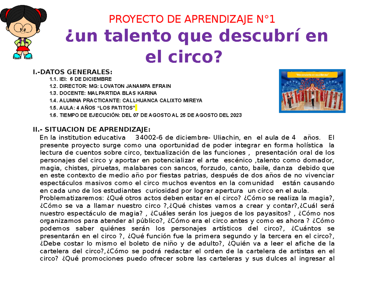 Proyecto DE Aprendizaje Agosto - PROYECTO DE APRENDIZAJE N° ¿un talento que descubrí en el circo ...