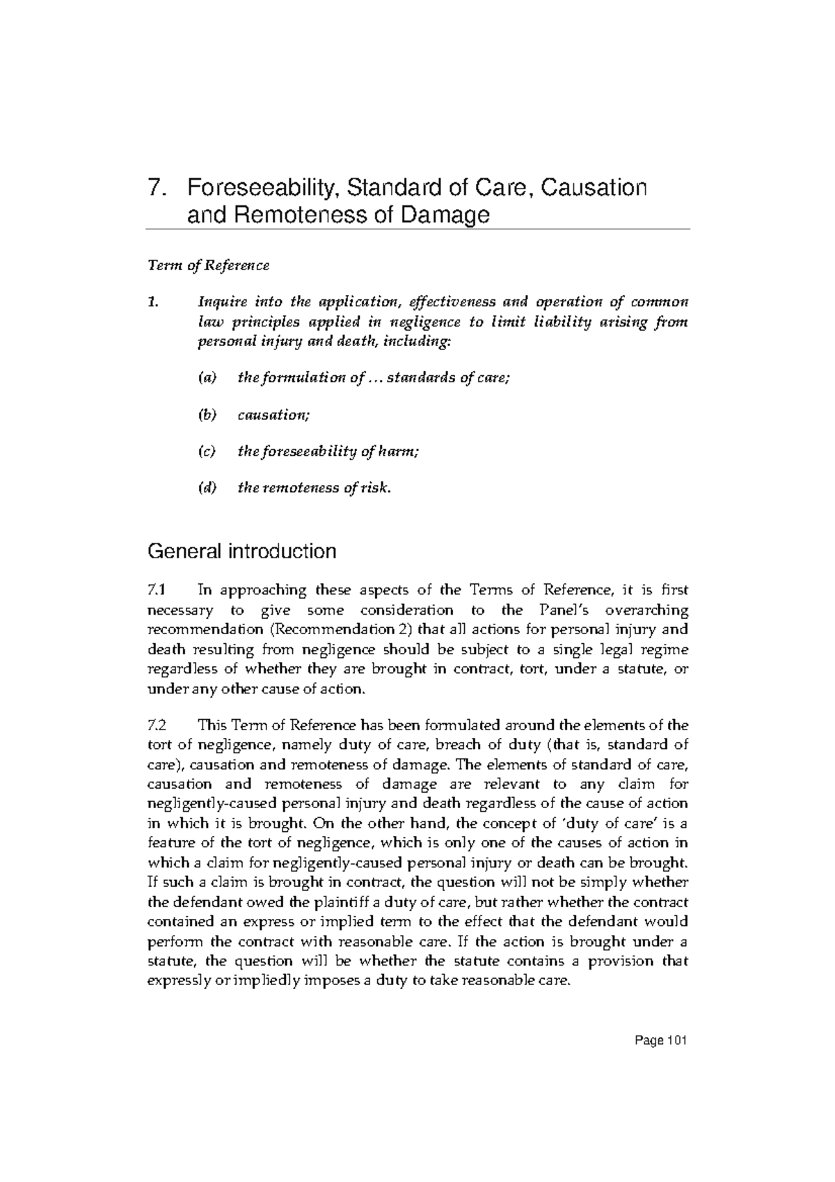 Foreseeability, Standard of Care, Causation and Remoteness of Damage ...