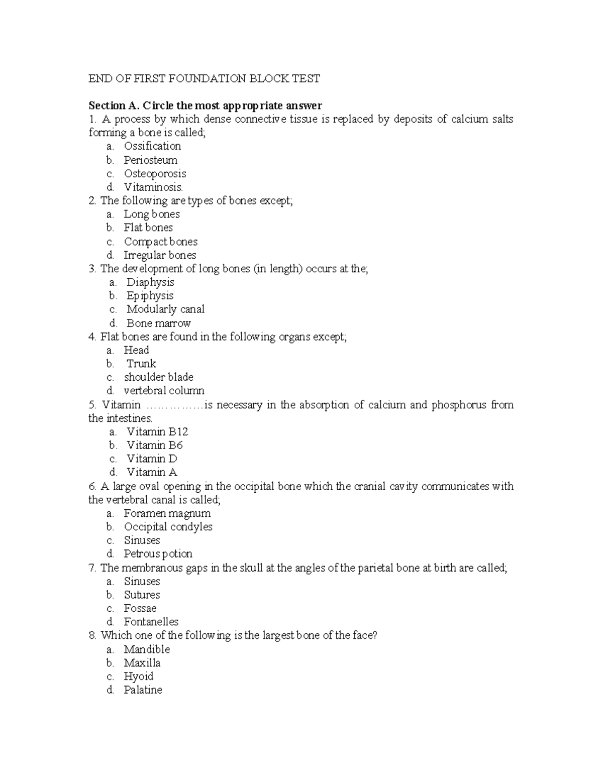 Anatomy end of block test-1-1 - END OF FIRST FOUNDATION BLOCK TEST ...