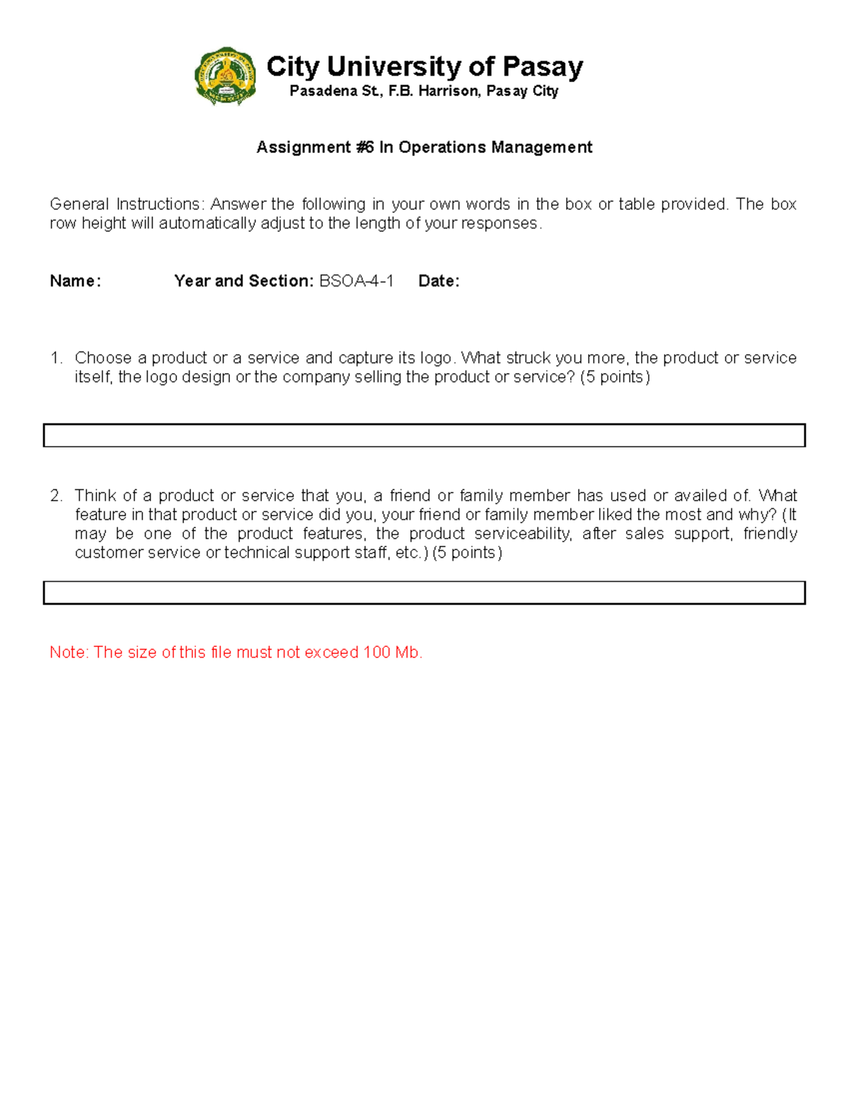 Assignment #6 in Operations Management - City University of Pasay ...