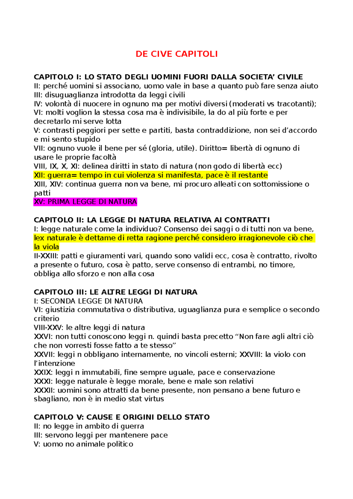 DE CIVE nozioni dei capitoli - DE CIVE CAPITOLI CAPITOLO I: LO STATO DEGLI UOMINI FUORI DALLA ...