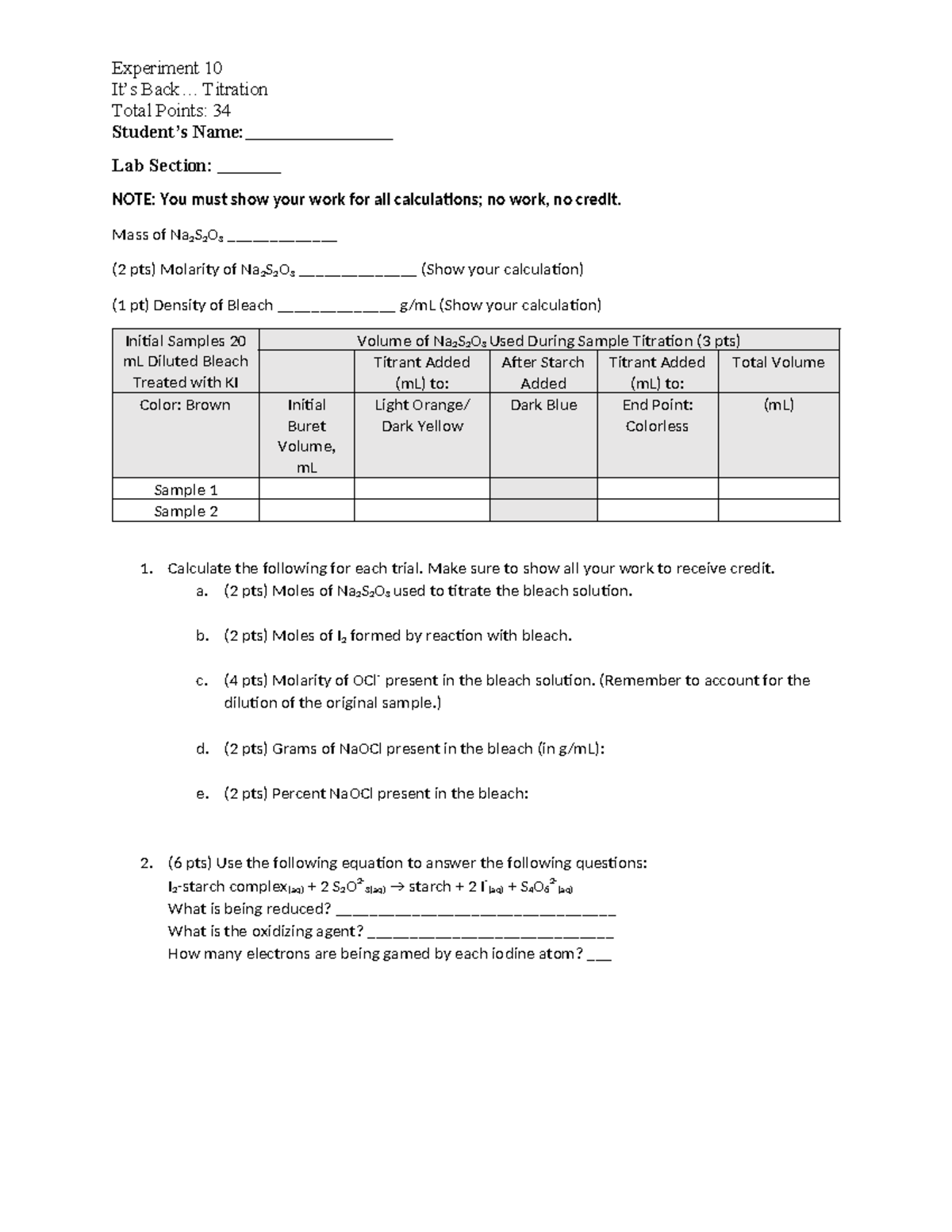 CHEM 110 L - Experiment 10 It's Back... Titration - Experiment 10 It’s ...